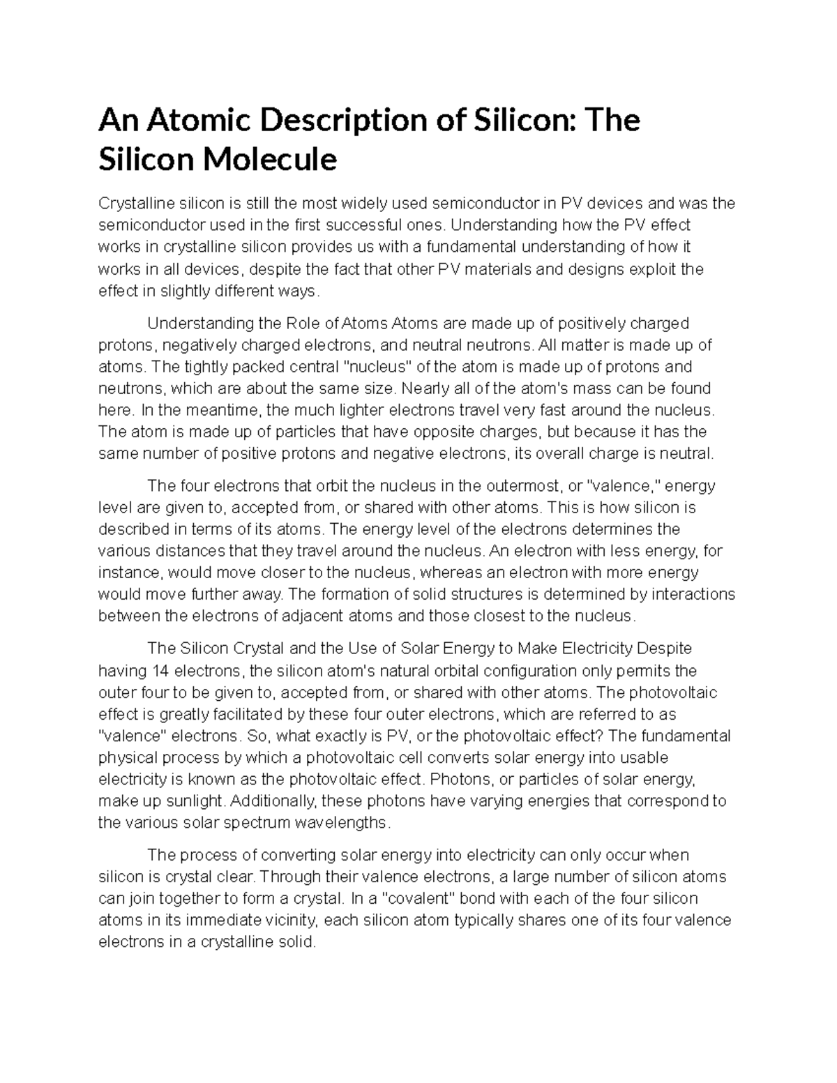 Atomic Description of Silicon The Silicon Molecule - Module - PHY 121 ...