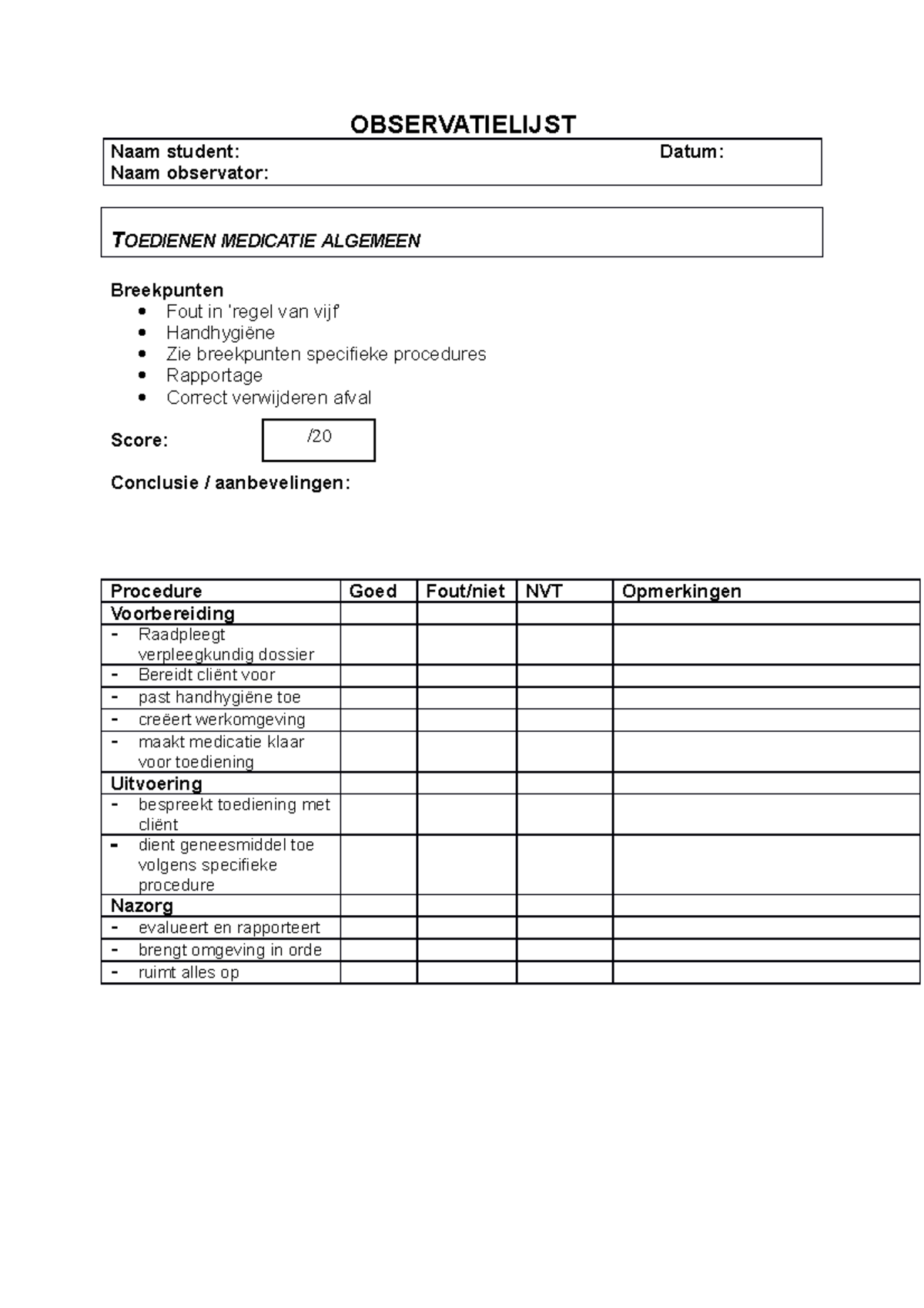 Samenvatting - Observatielijsten inspuitingen - OBSERVATIELIJST Naam ...