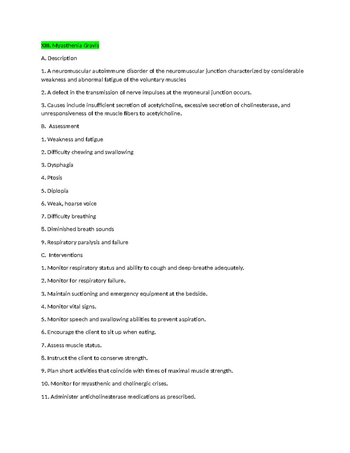 Unit 7 Saunders Neuro - XIII. Myasthenia Gravis A. Description A ...