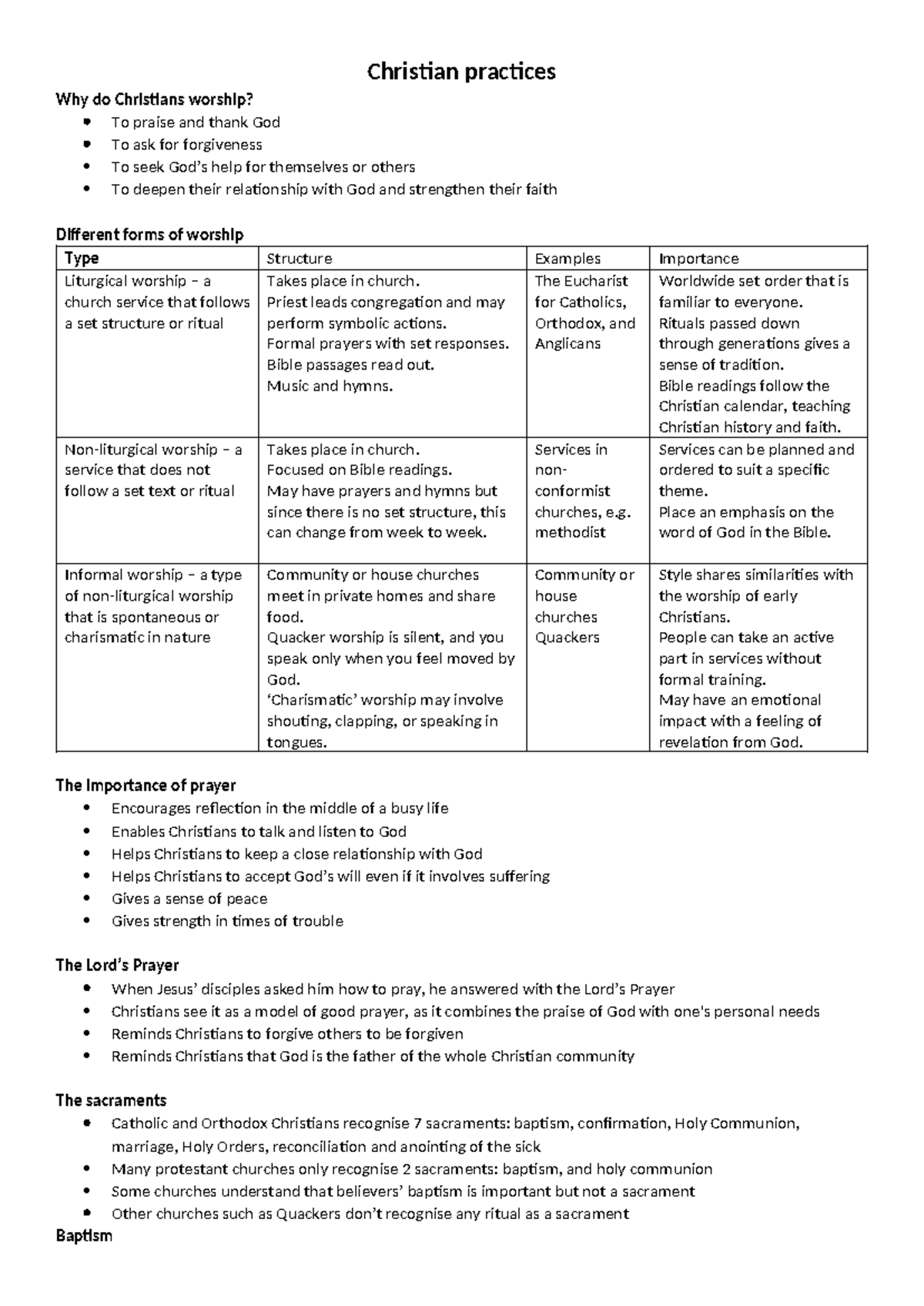 Christian practices - Simple notes - Christian practices Why do ...