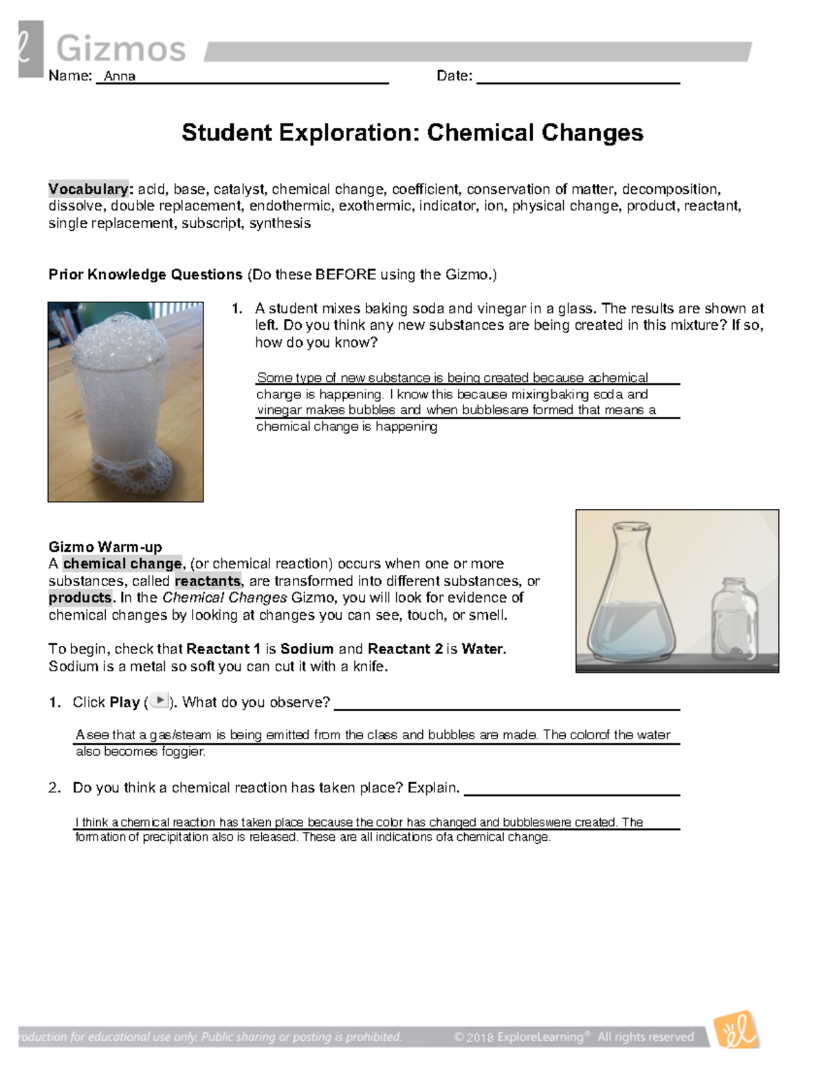Chemical Changes student edition - Name: Date: Student Exploration ...
