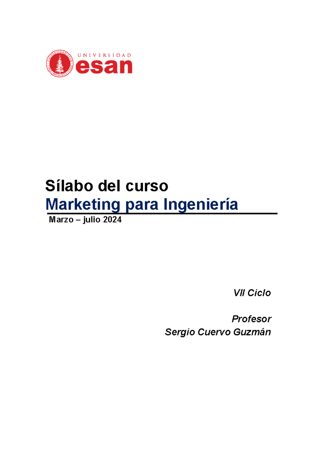 Silabus Sergio Cuervo Marketing para Ingenieros 2024-1 - Sílabo del ...