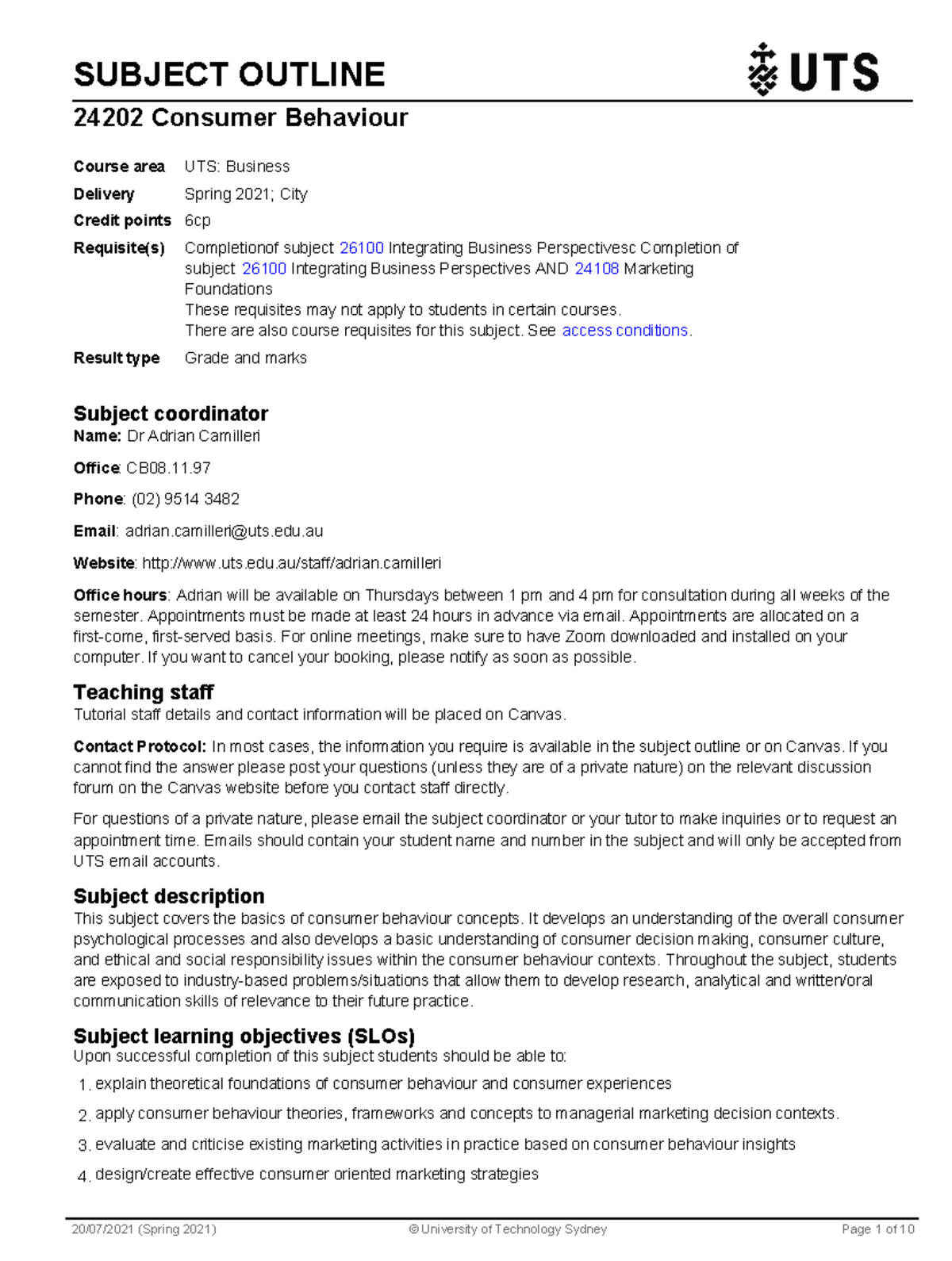Subject outline for consumer behaviour - SUBJECT OUTLINE 24202 Consumer ...