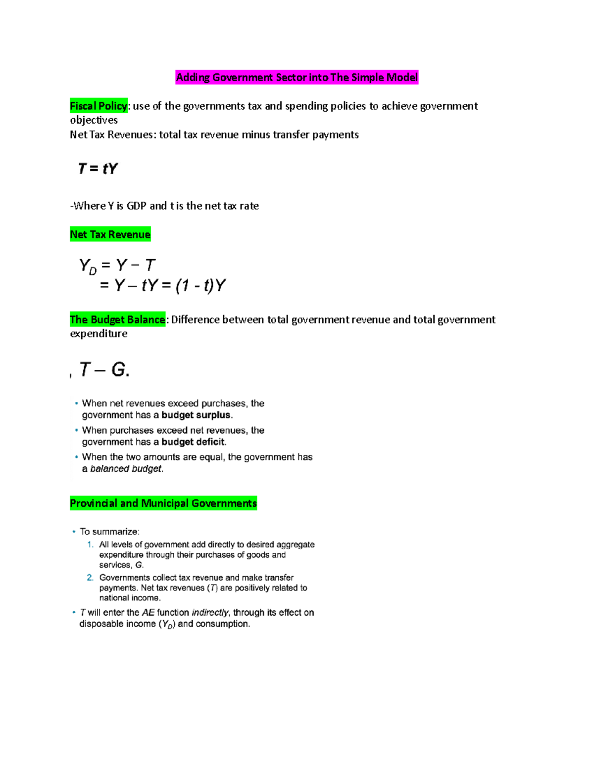 Econ 203 Chapter 7 - Adding Government Sector into The Simple Model ...