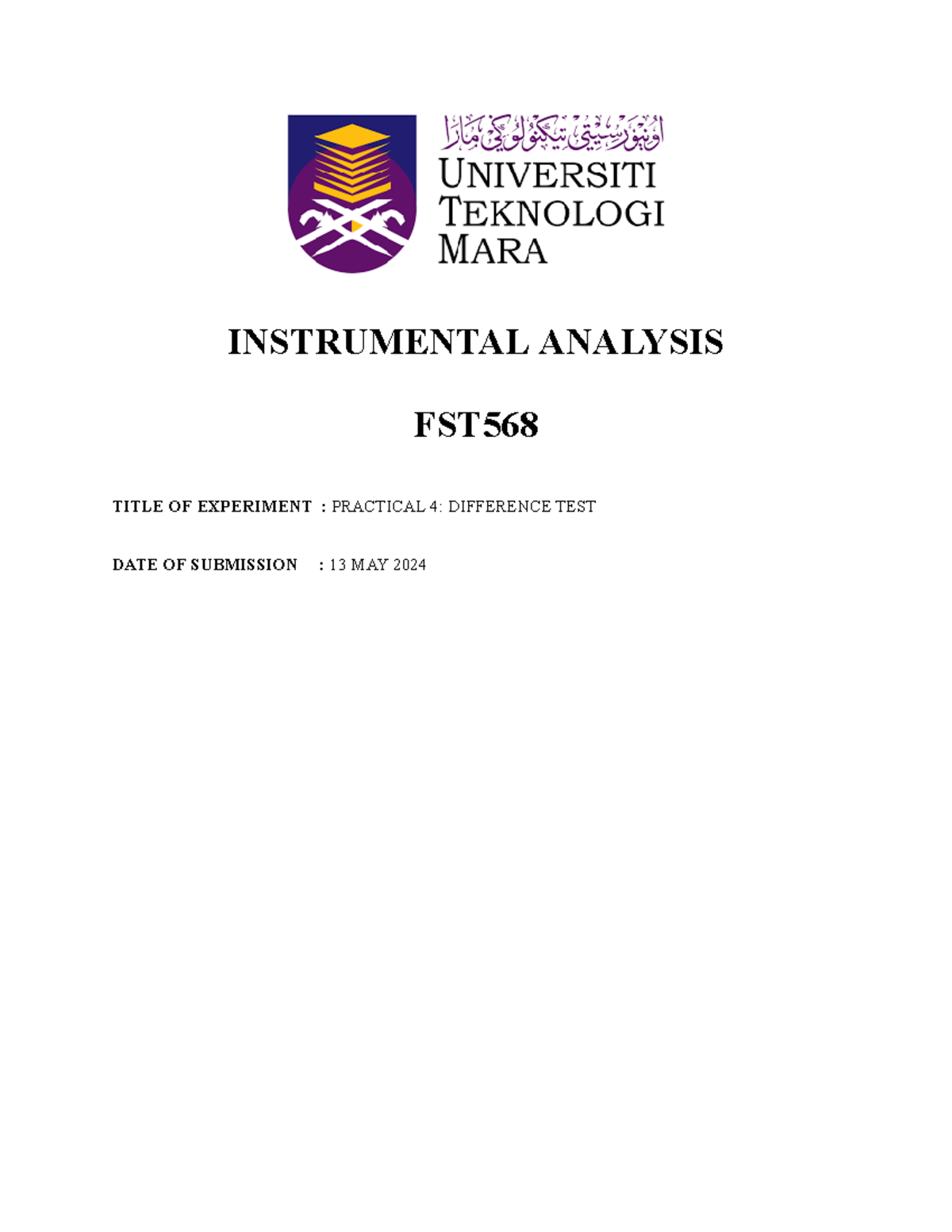 Difference TEST - INSTRUMENTAL ANALYSIS FST TITLE OF EXPERIMENT ...