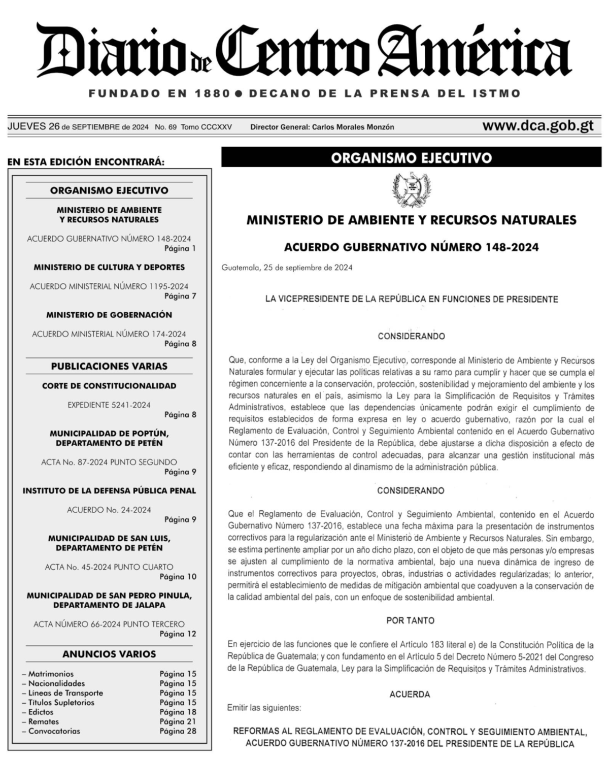 Acuerdo Gubernativo 148-2024 - Diario de Centro América FUNDADO EN 1880 DECANO DE LA PRENSA DEL ...