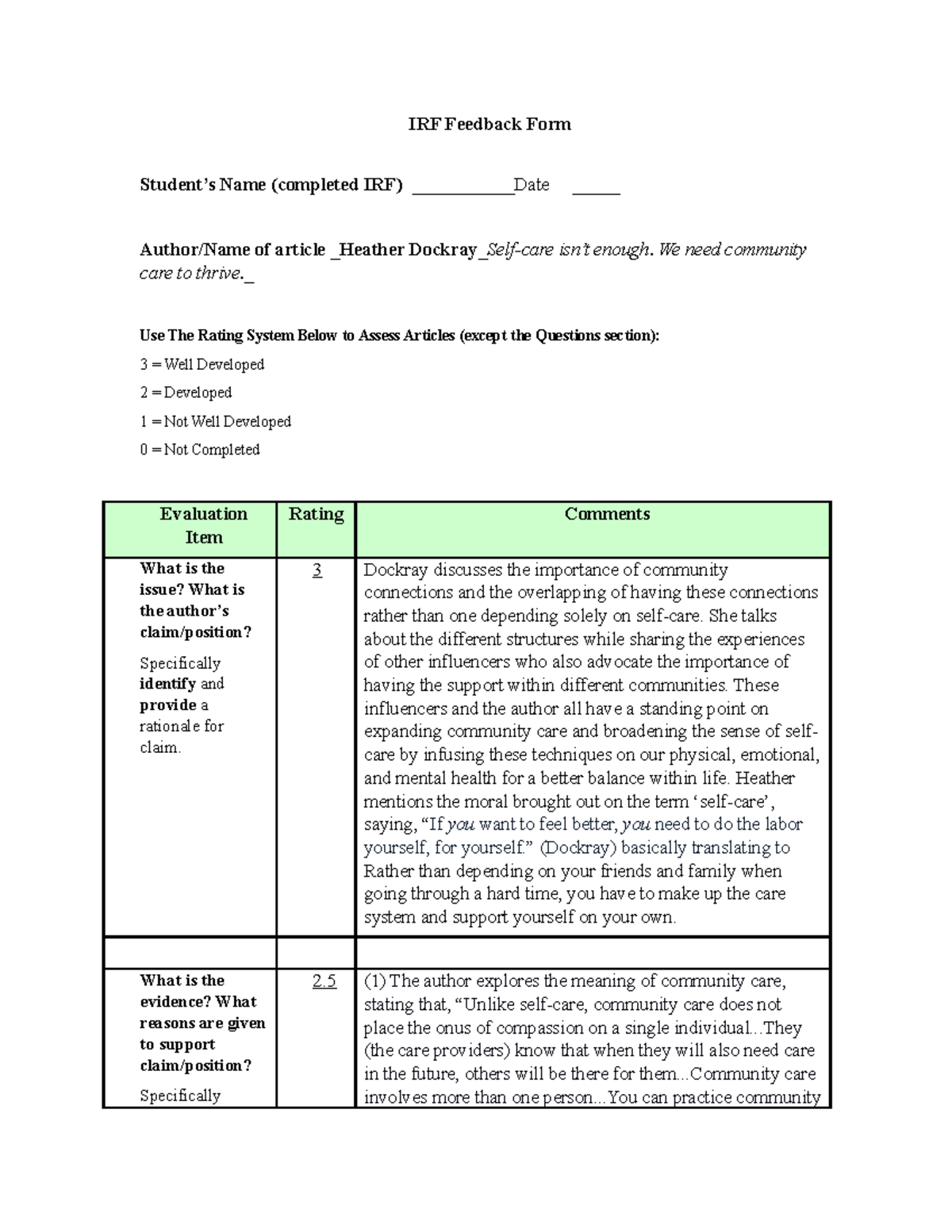 IRF #5 - A form you complete based on the class article of the week ...