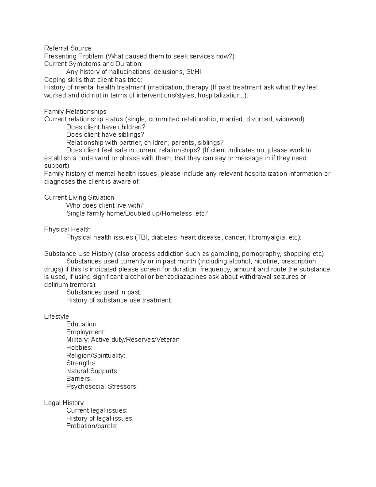 Initial Bio Psych Soc Assess - Referral Source: Presenting Problem ...