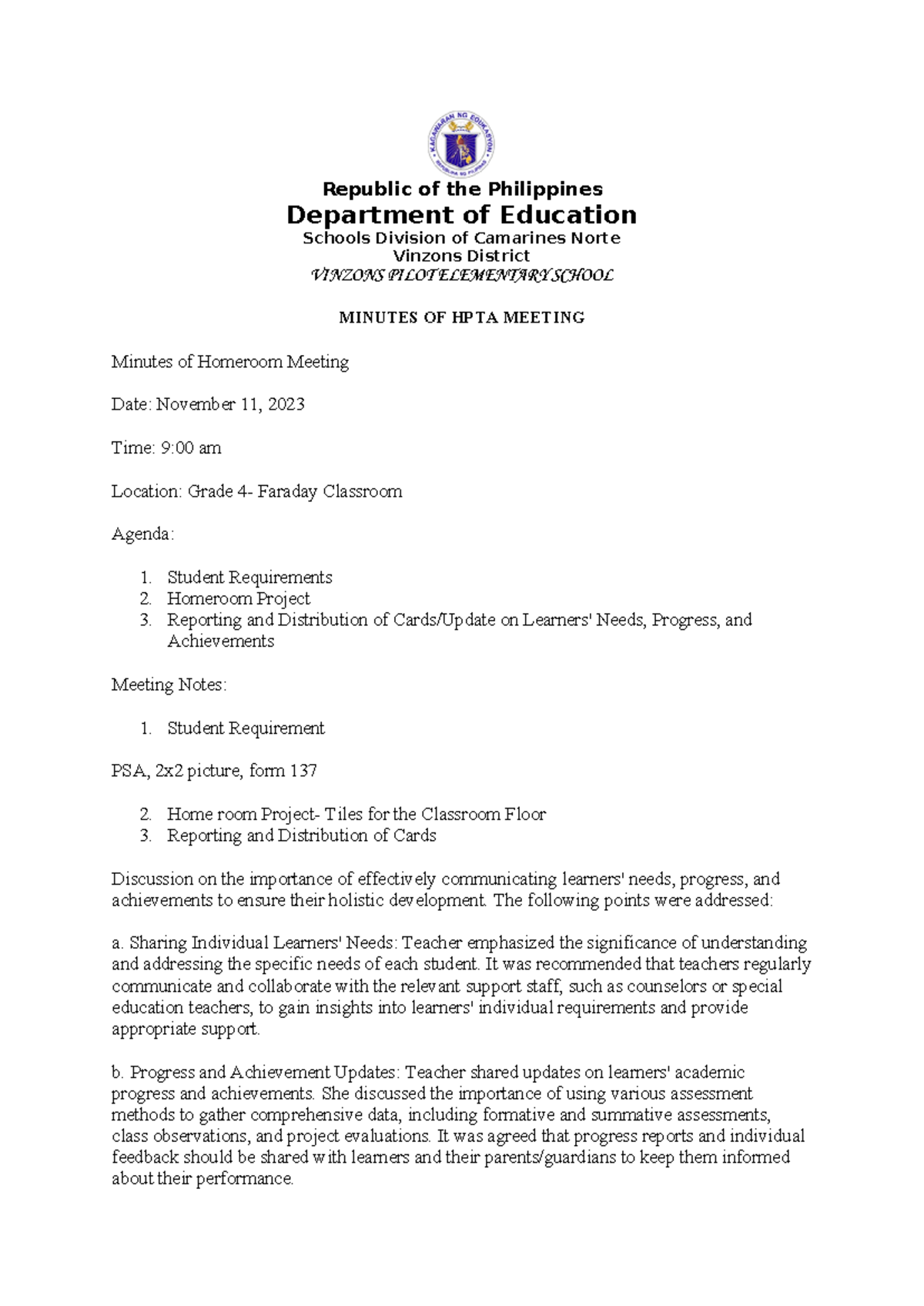 Hpta minutes - Presentation - Republic of the Philippines Department of ...