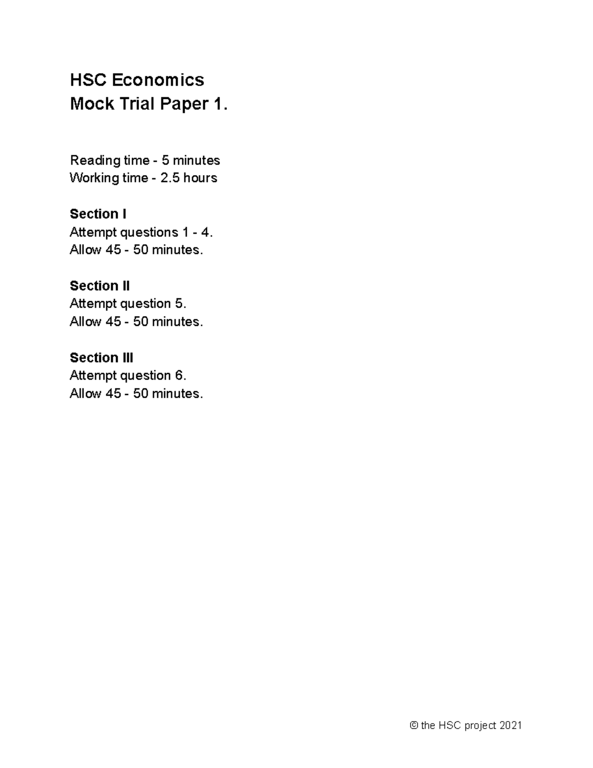 HSC Economics Mock Trial Paper 2021 - Reading time - 5 minutesWorking ...