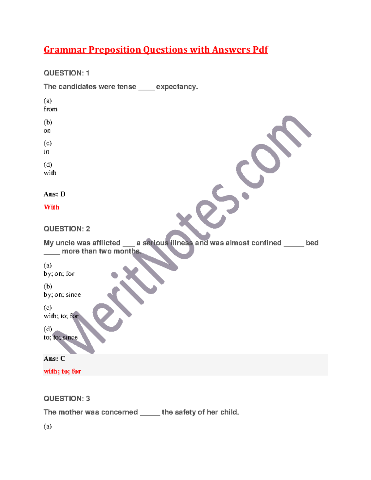 Grammar prepositions questions answers - Grammar Preposition Questions ...