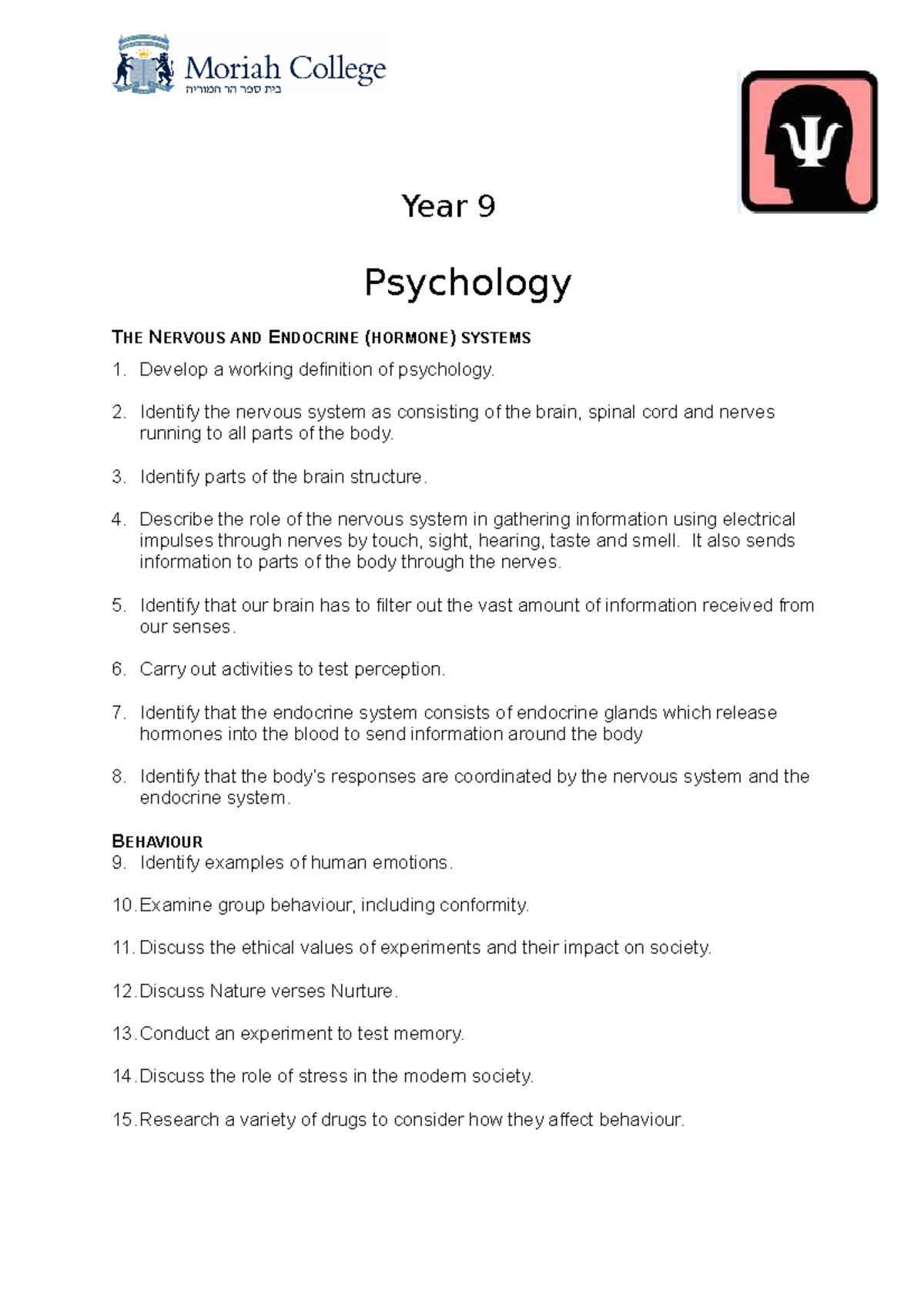 Year 9 Psychology Goals Sheet - Year 9 Psychology THE NERVOUS AND ...