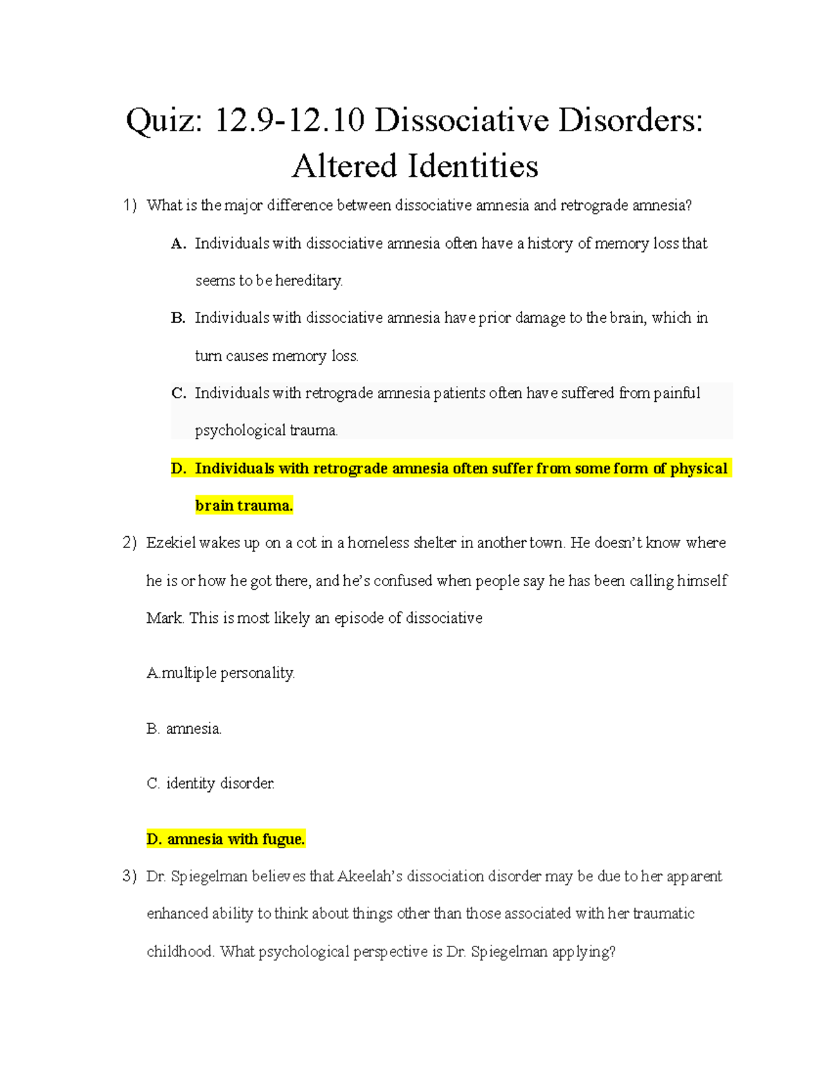 Quiz 12.9-12.10 Dissociative Disorders Altered Identities - Quiz: 12.9-12 Dissociative Disorders ...
