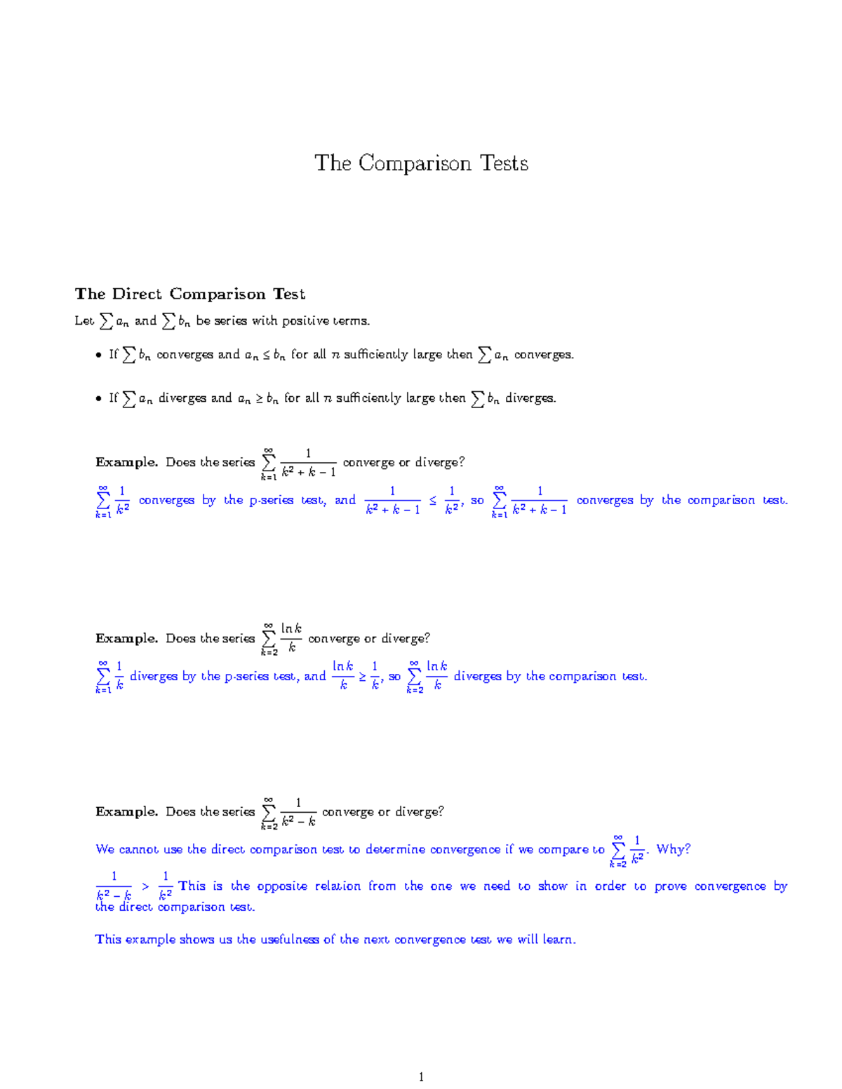 Lesson 11 Comparison Tests (Solutions) - The Comparison Tests The ...