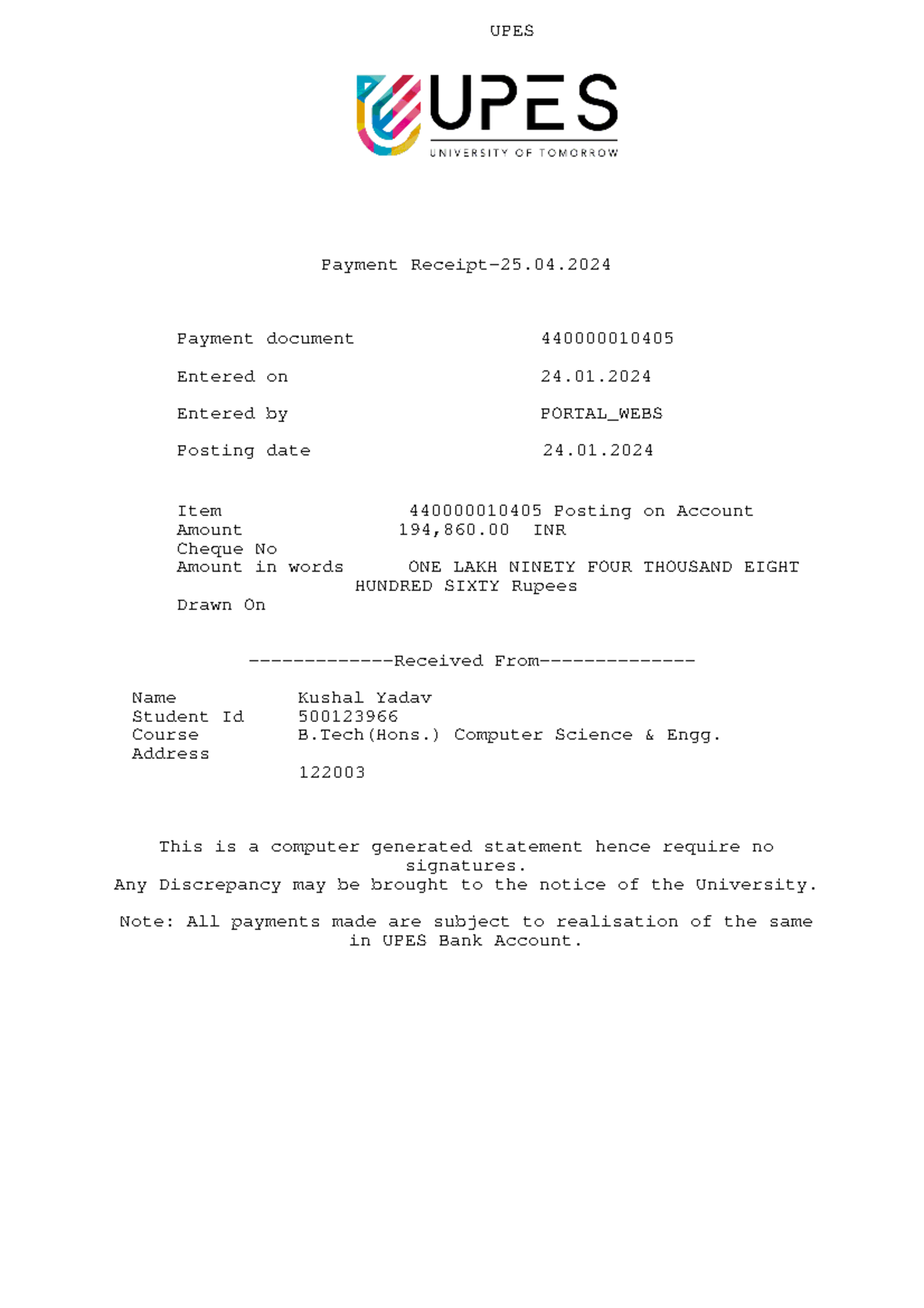 Form - n,,mn m - Payment Receipt-25. Payment document 440000010405 ...