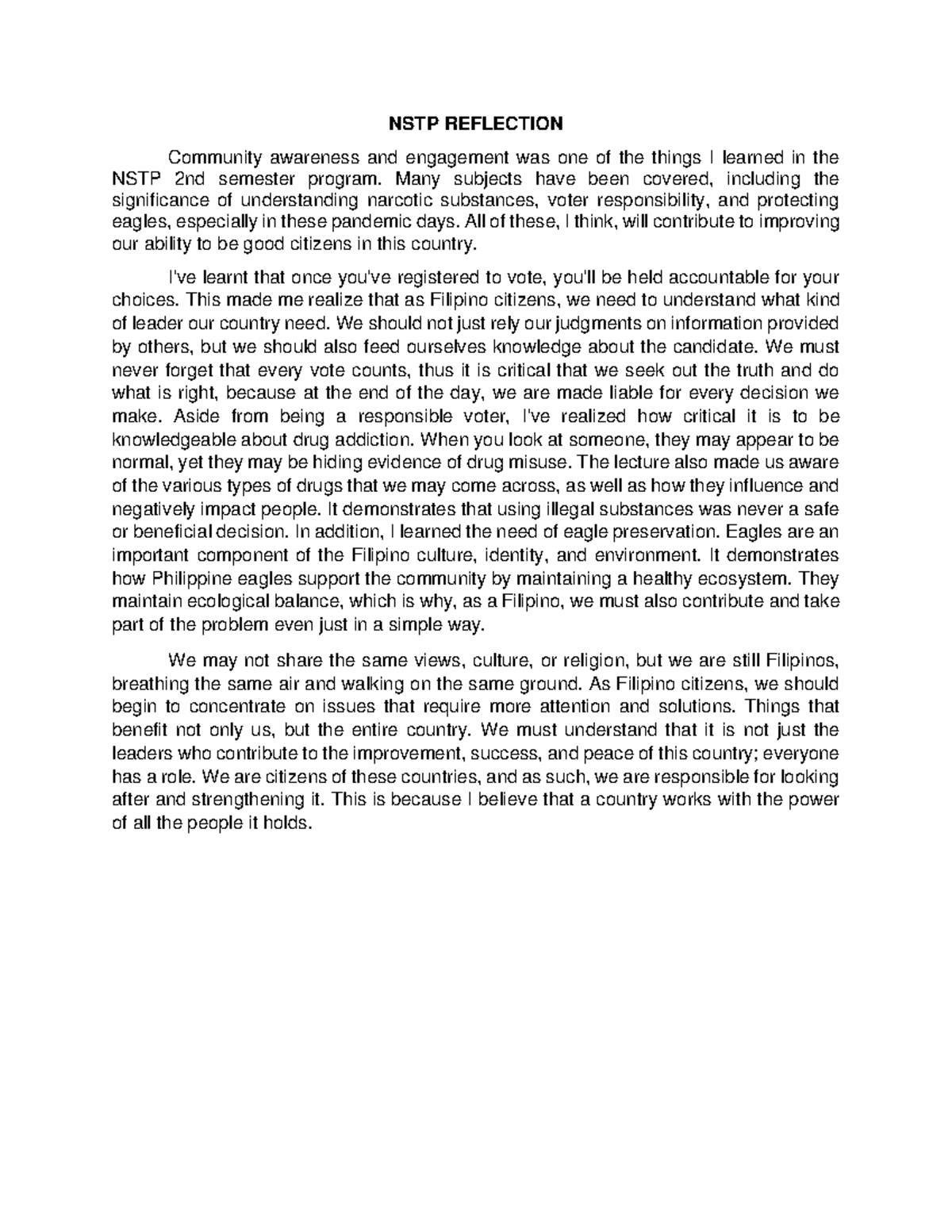 NSTP-12- Reflection - NSTP REFLECTION Community awareness and ...