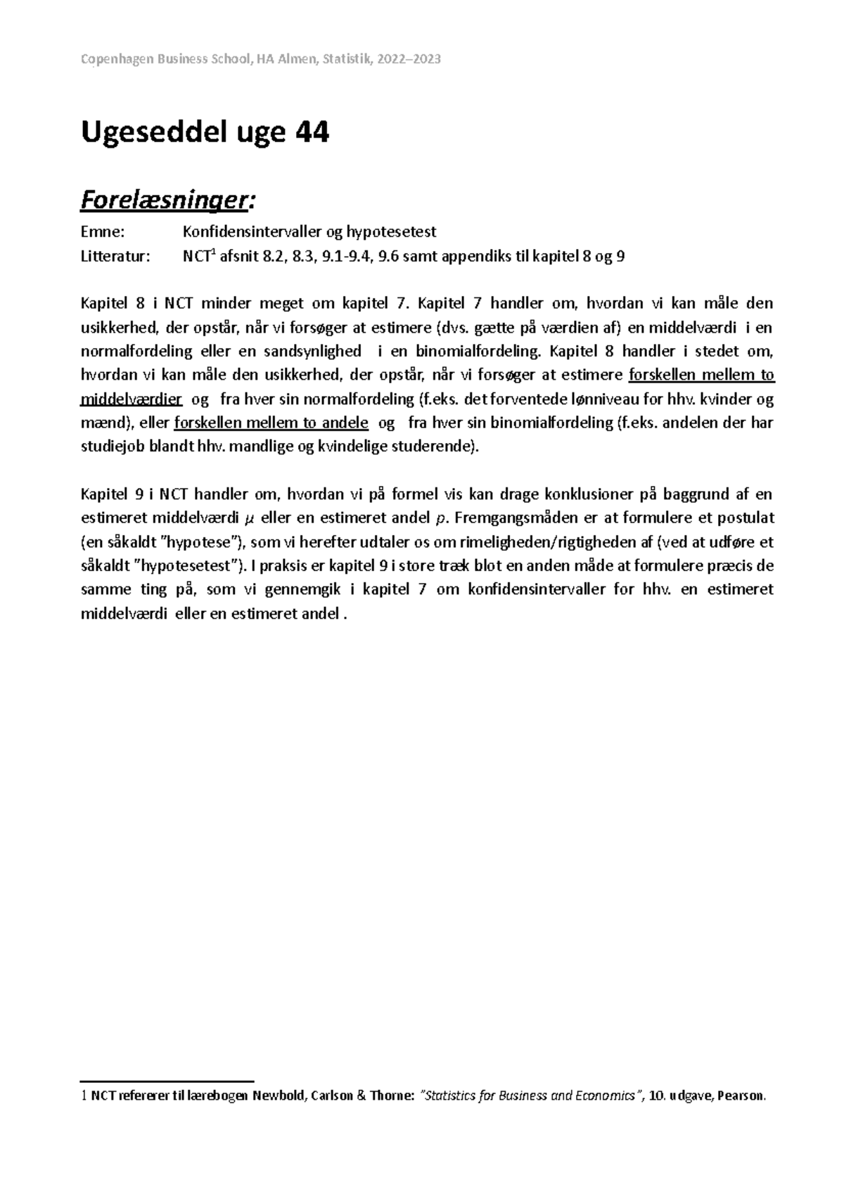 Ugeseddel uge 44 - Ugeseddel uge 44 Forelæsninger: Emne ...