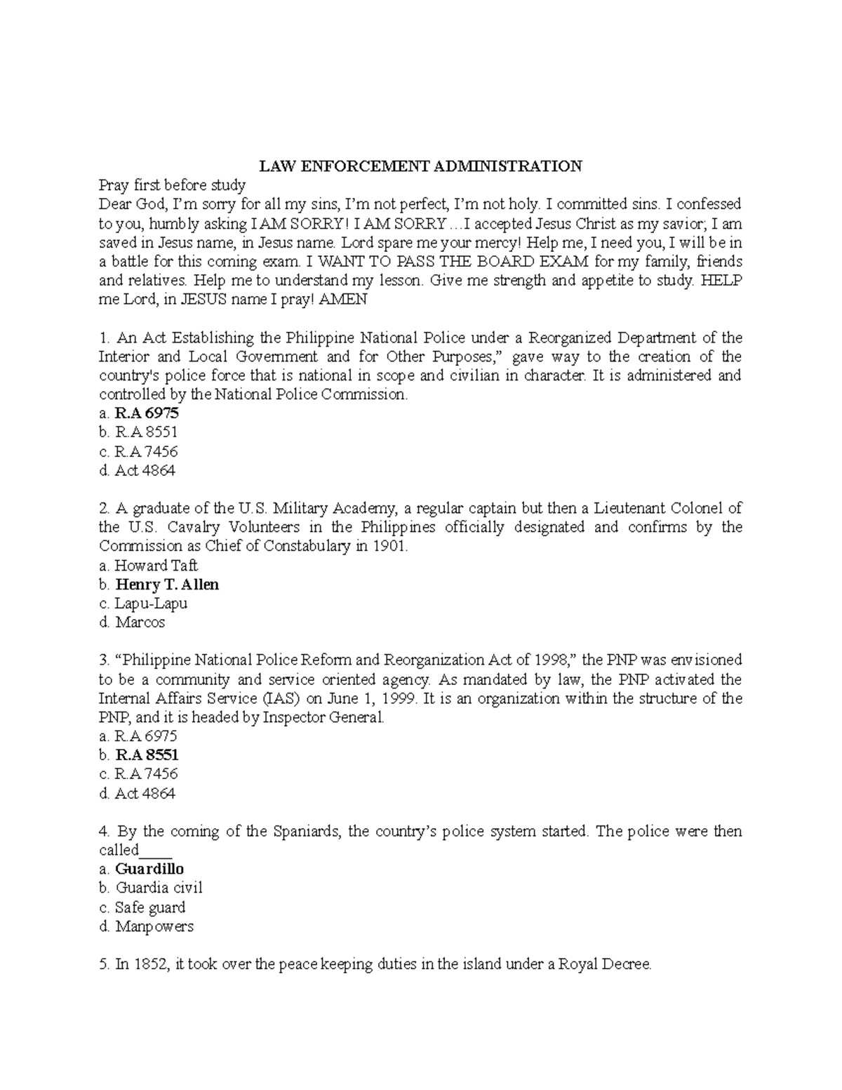 LEA Board Questions Key with 1000 items - LAW ENFORCEMENT ...