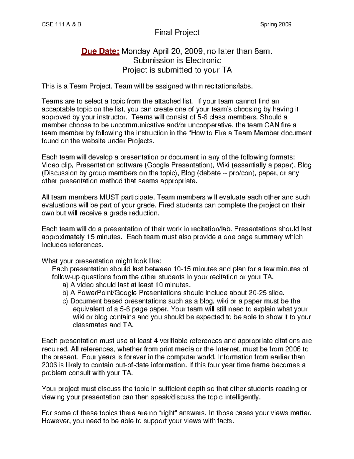 Final Project - CSE 111 A & B Spring 2009 Final Project Due Date ...