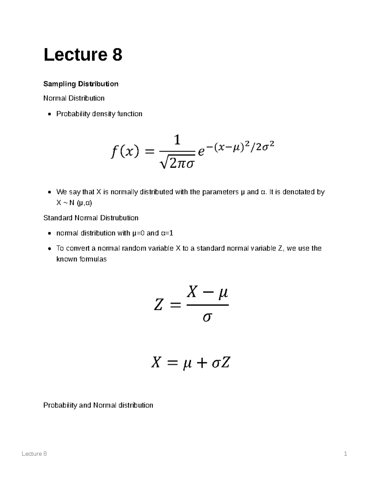 Lecture 8 - Lecture 8 Sampling Distribution Normal Distribution ...