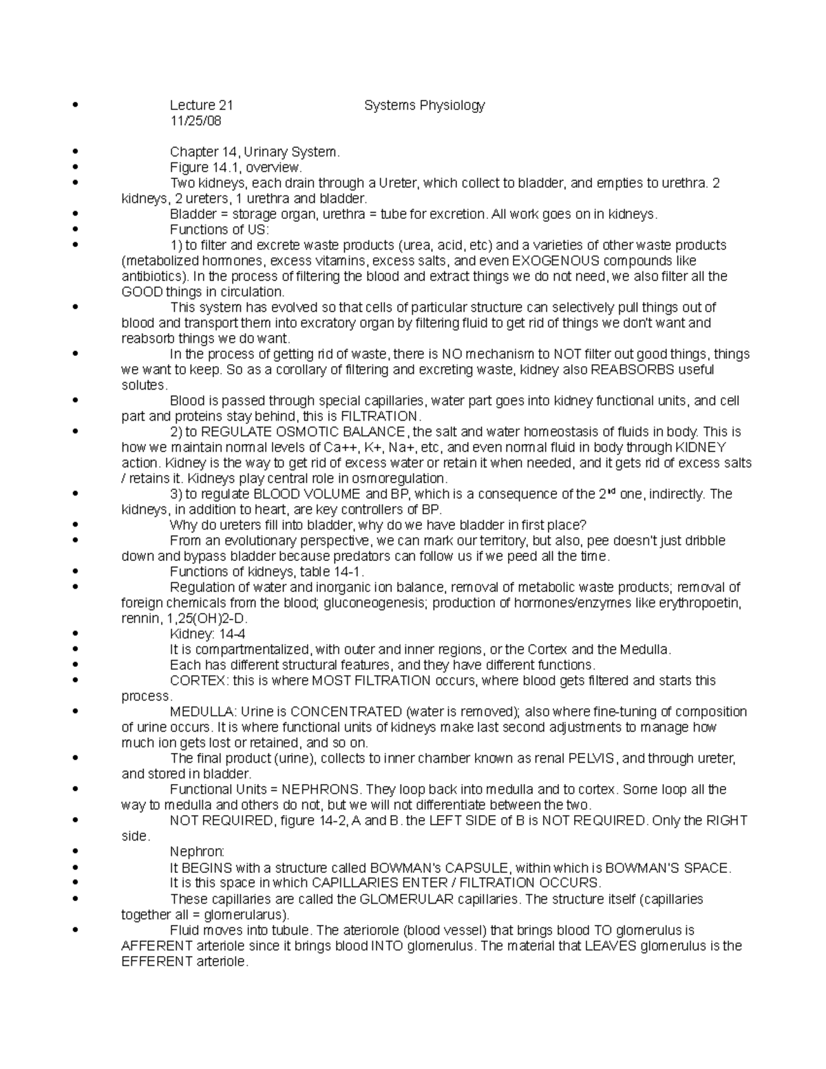 Sys Phys Lec 21 Lecture Notes 1 Lecture 21 Systems Physiology 11 25 Chapter 14 Urinary