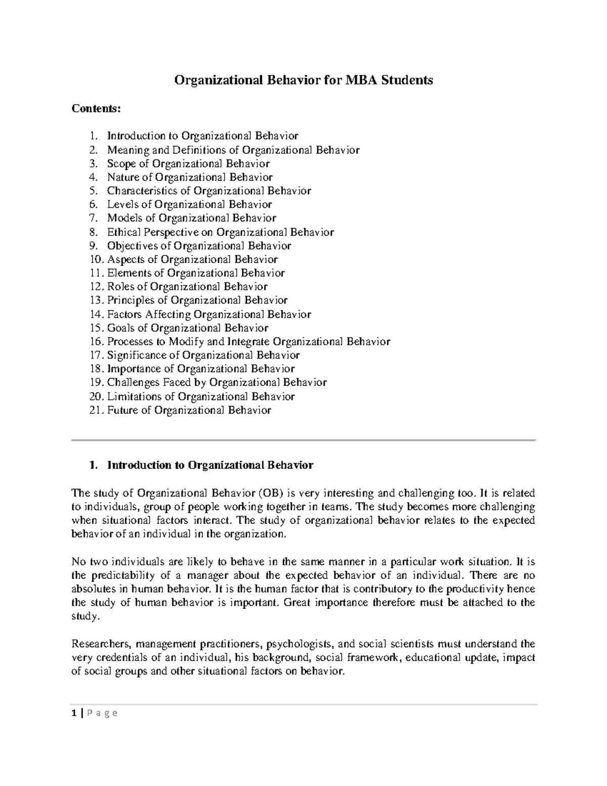 Chapter 1 OBi - Organizational Behavior for MBA Students Contents ...