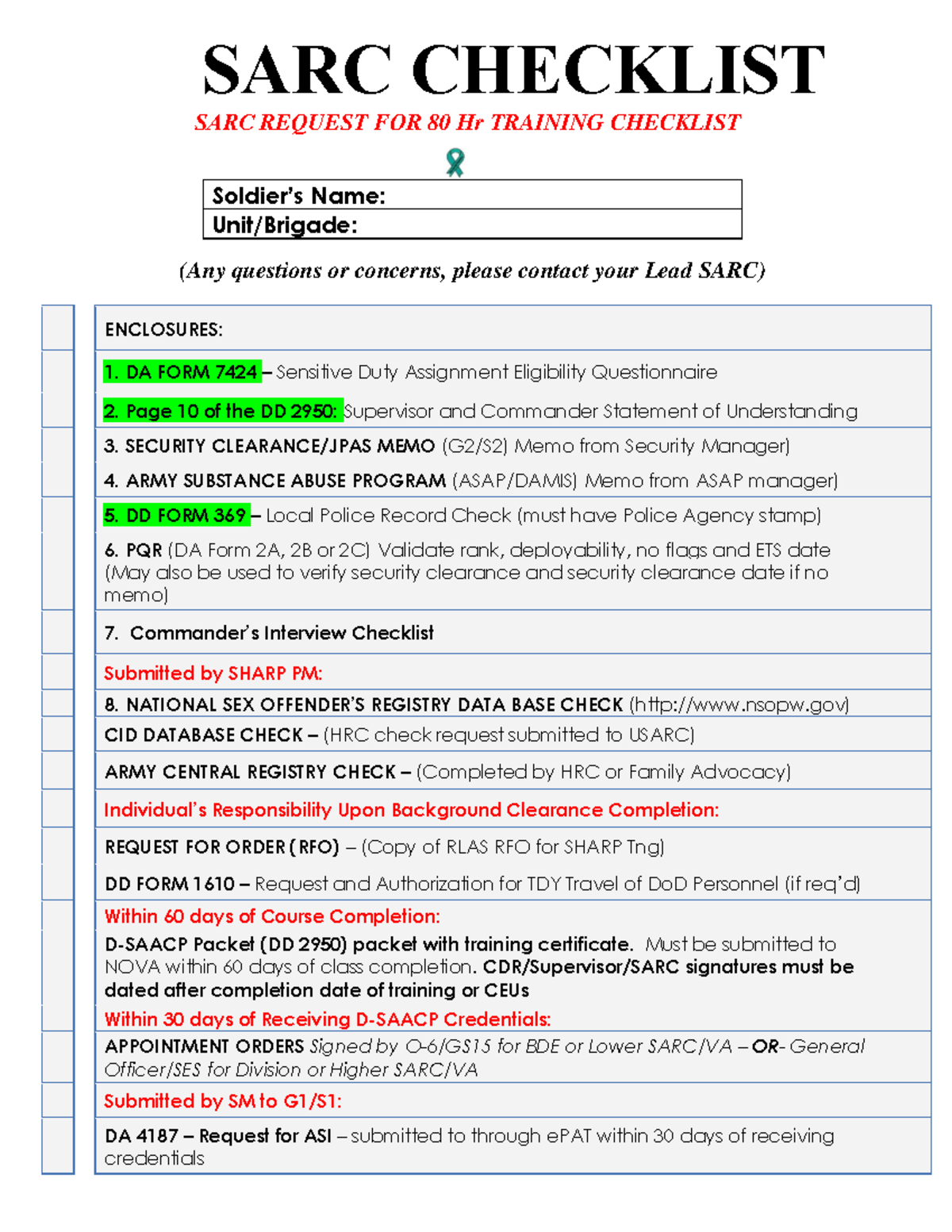SARC Packet Checklist- School - SARC CHECKLIST SARC REQUEST FOR 80 Hr ...