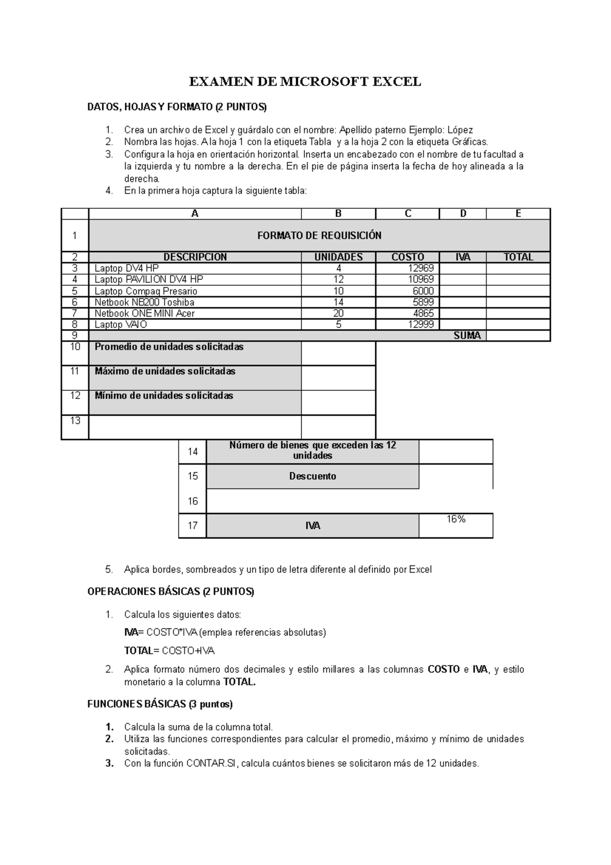 Examen DE Microsoft Excel - EXAMEN DE MICROSOFT EXCEL DATOS, HOJAS Y FORMATO (2 PUNTOS) Crea un ...