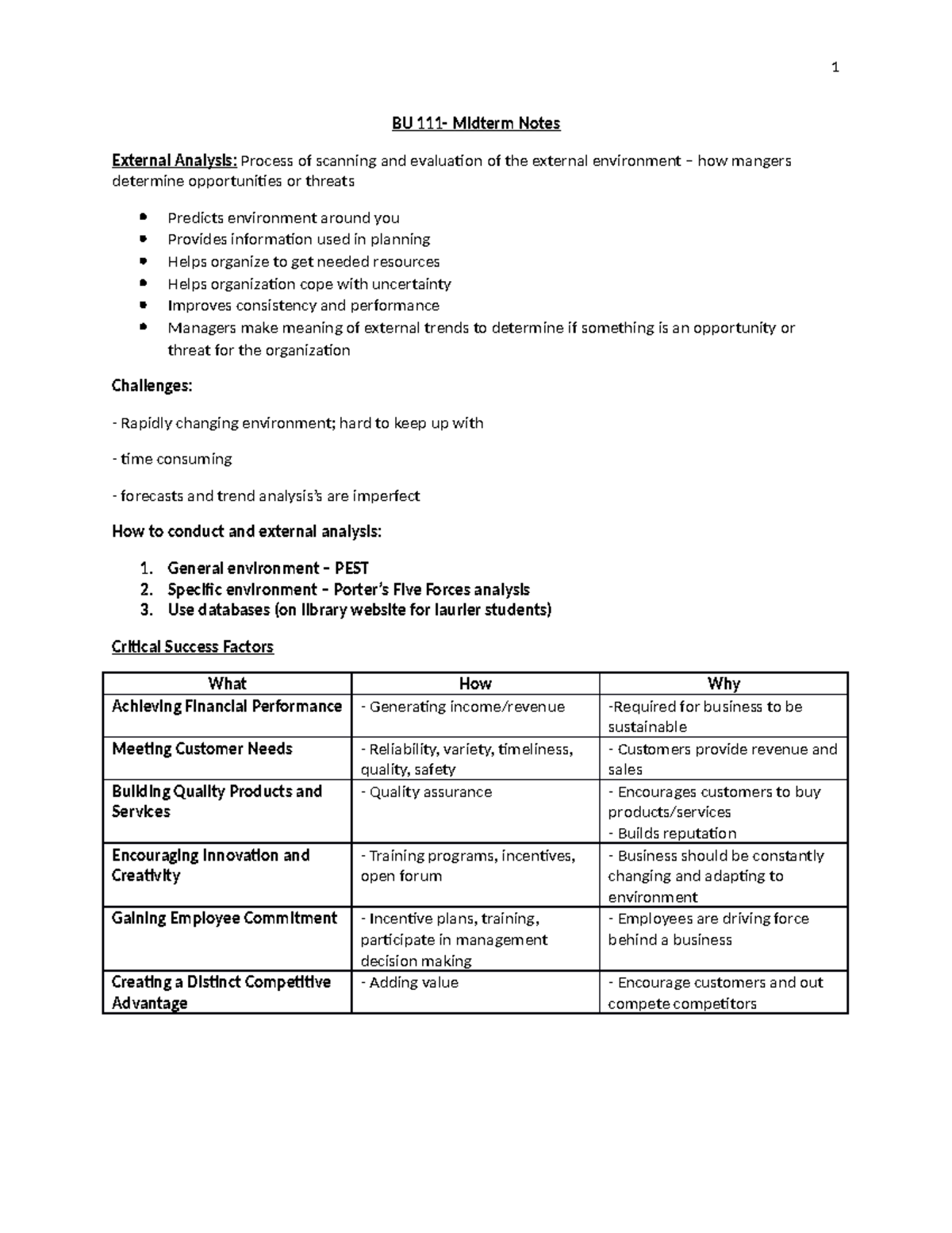 BU111 Midterm Notes new 1 - BU 111- Midterm Notes External Analysis ...