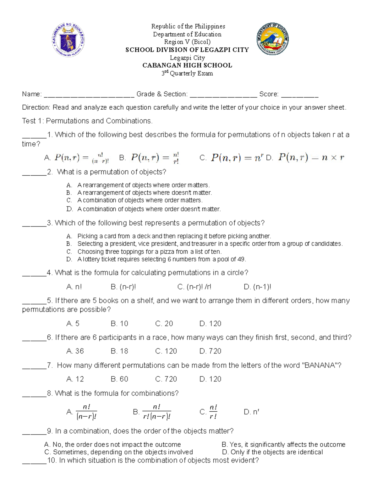 3rd Quarterly Exam - Republic of the Philippines Department of ...