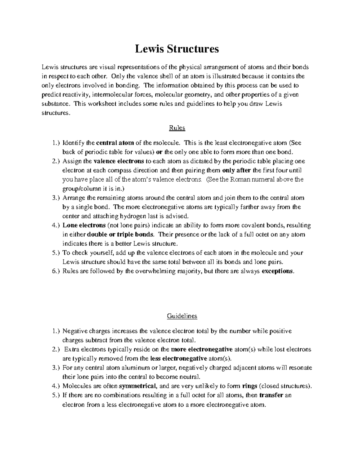 Lewis-Structures - worksheet - Lewis Structures Lewis structures are ...