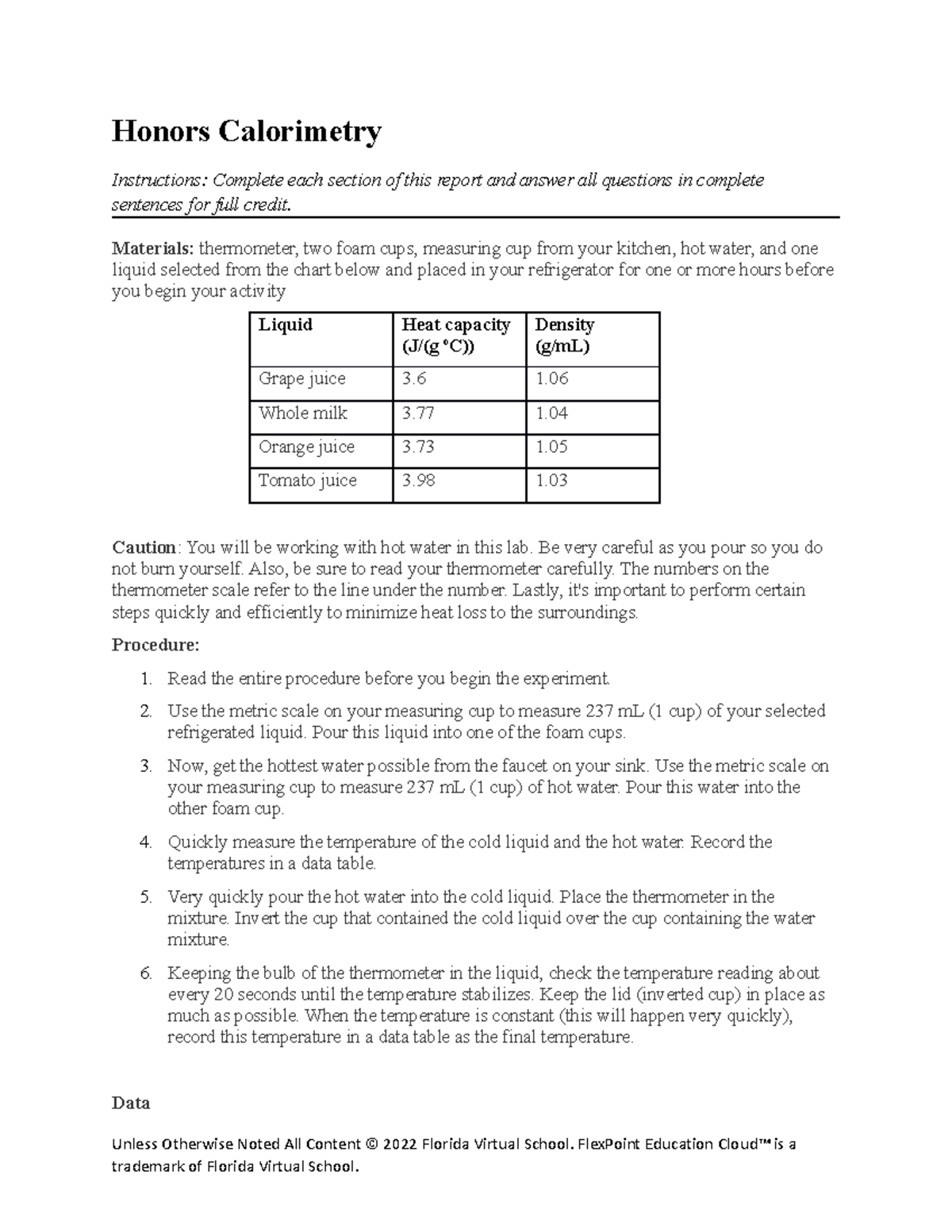 Submit 07 - Anatomy homework help - Honors Calorimetry Instructions ...