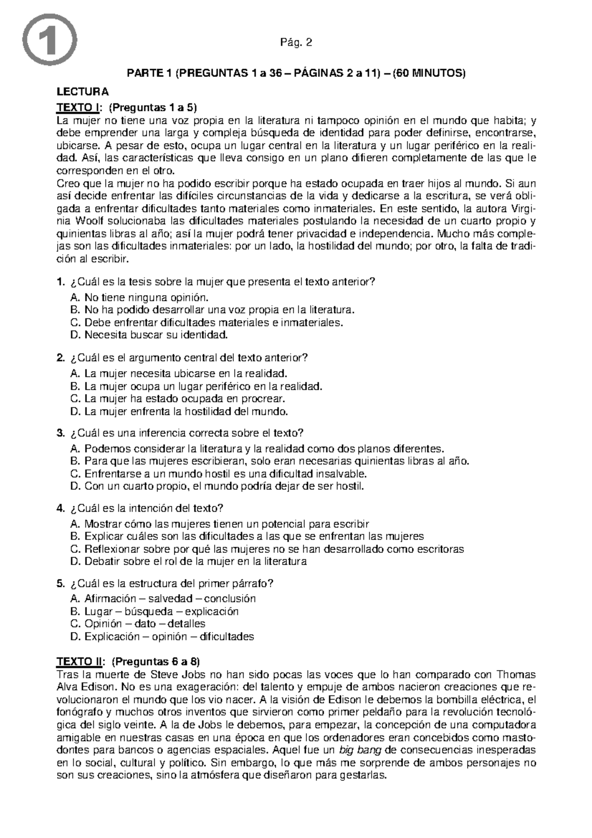 P3 Lectura 2013 - 1 PARTE 1 (PREGUNTAS 1 a 36 – PÁGINAS 2 a 11) − (60 ...