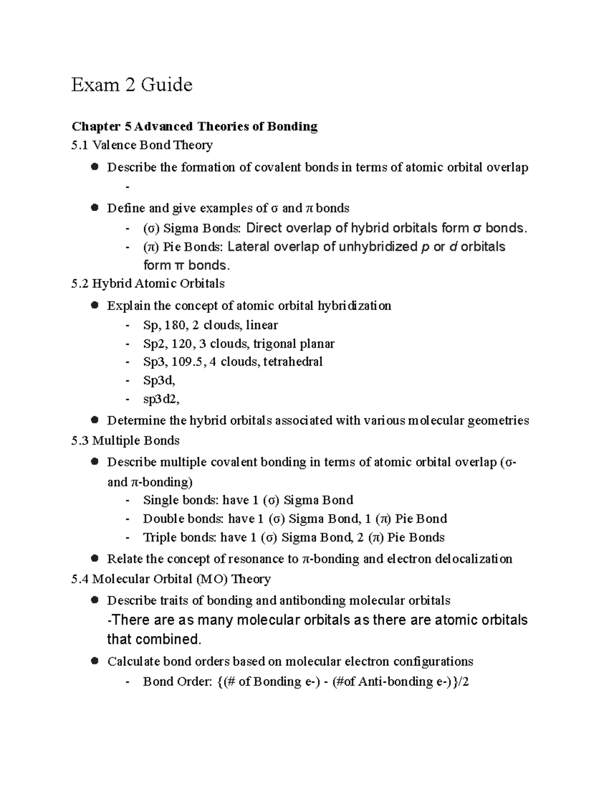 Exam 2 Guide: Bonding Theories Hybrid Orbitals Multiple Bonds MO Theory ...