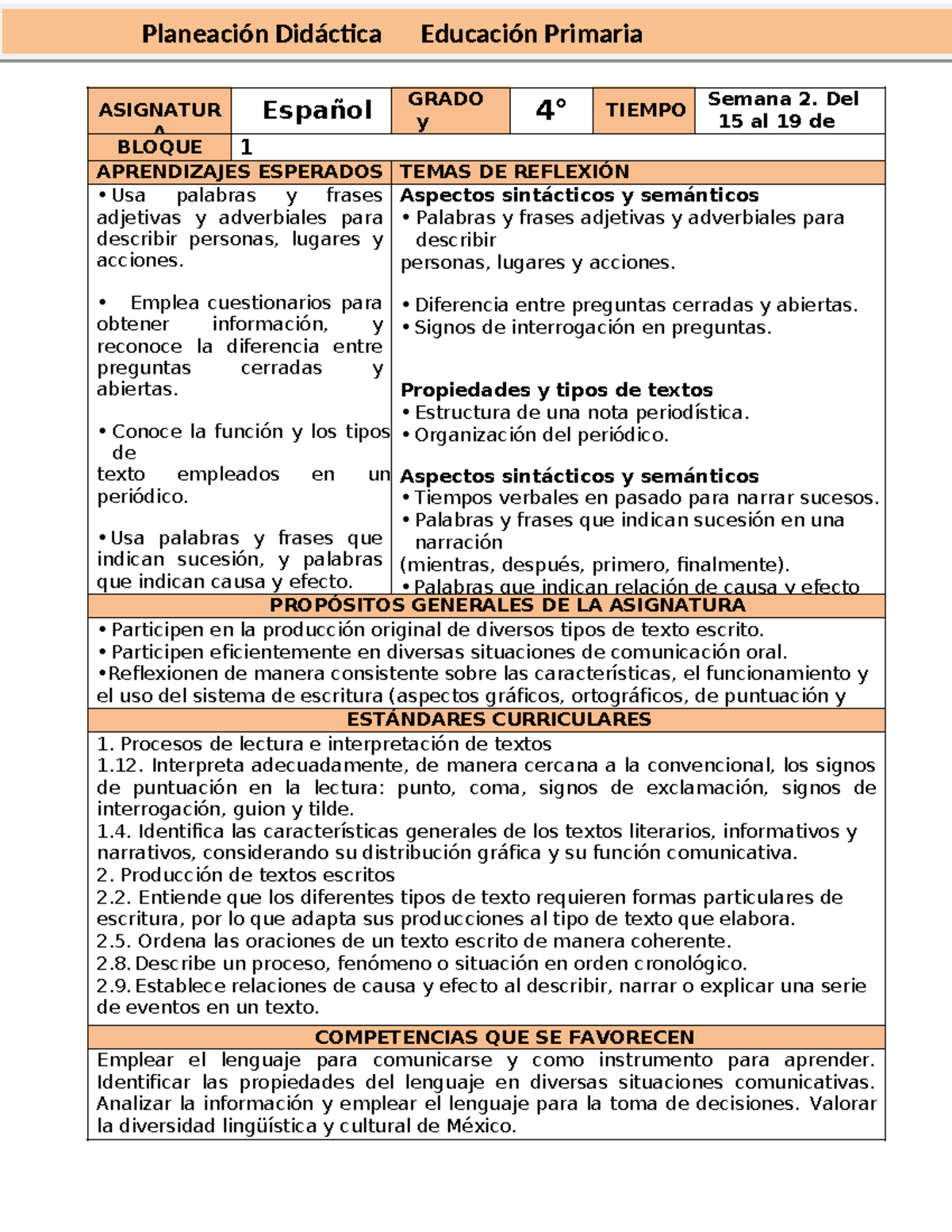 390819297 Planeacion Cuarto Grado 1 - ASIGNATUR A Español GRADO y GRUPO ...