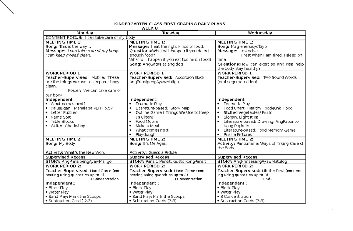 Week 8 - Lecture notes for students - KINDERGARTEN CLASS FIRST GRADING ...