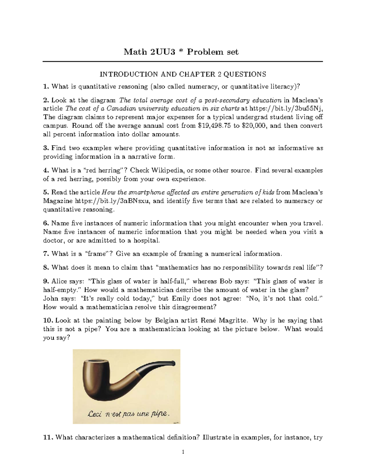 MATH 2UU3 - Problem Set 1 (updated) - Math2UU3*Problemset INTRODUCTION AND CHAPTER 2 QUESTIONS 1 ...