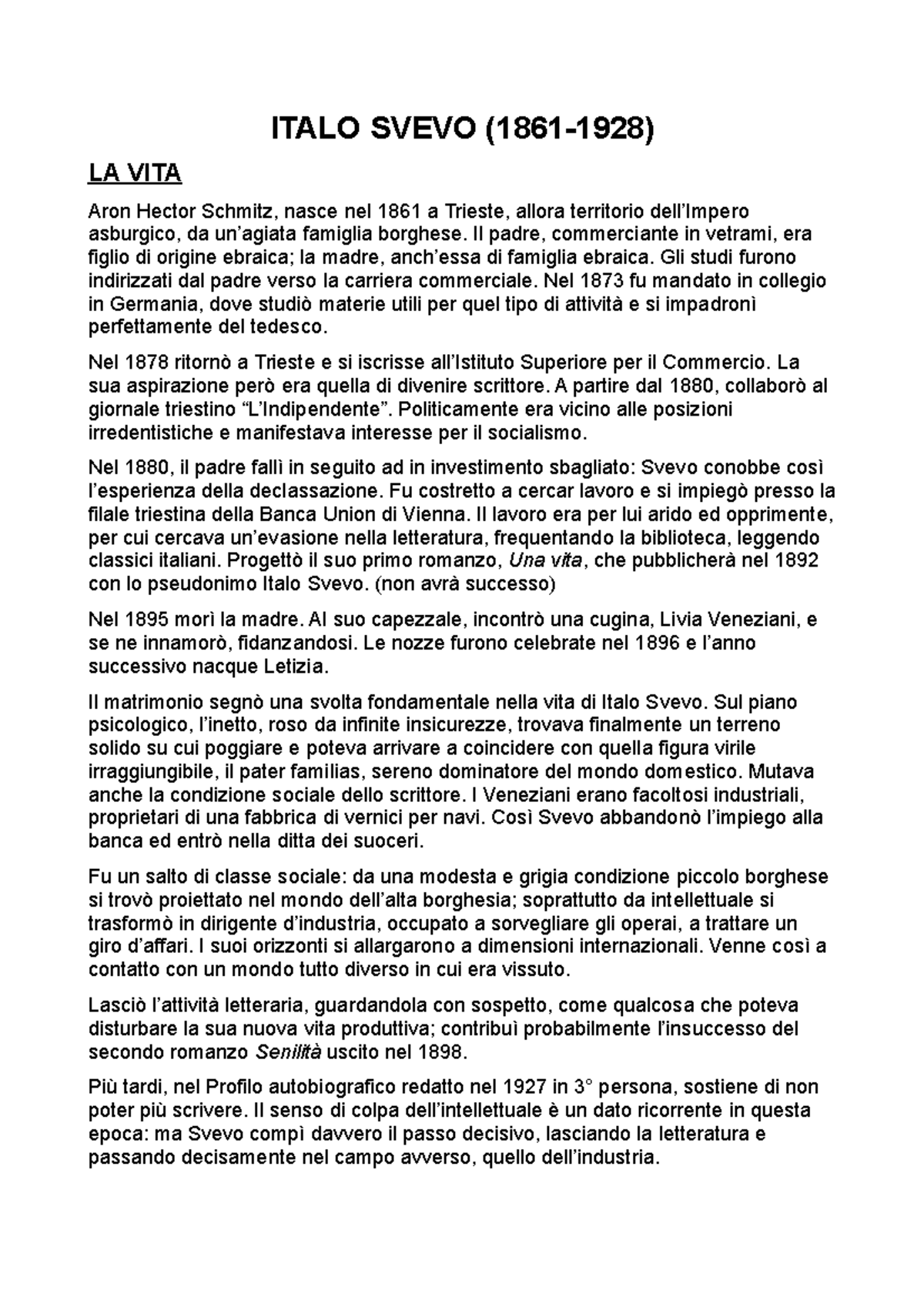 Italo Svevo - ITALO SVEVO (1861-1928) LA VITA Aron Hector Schmitz, nasce nel 1861 a Trieste ...