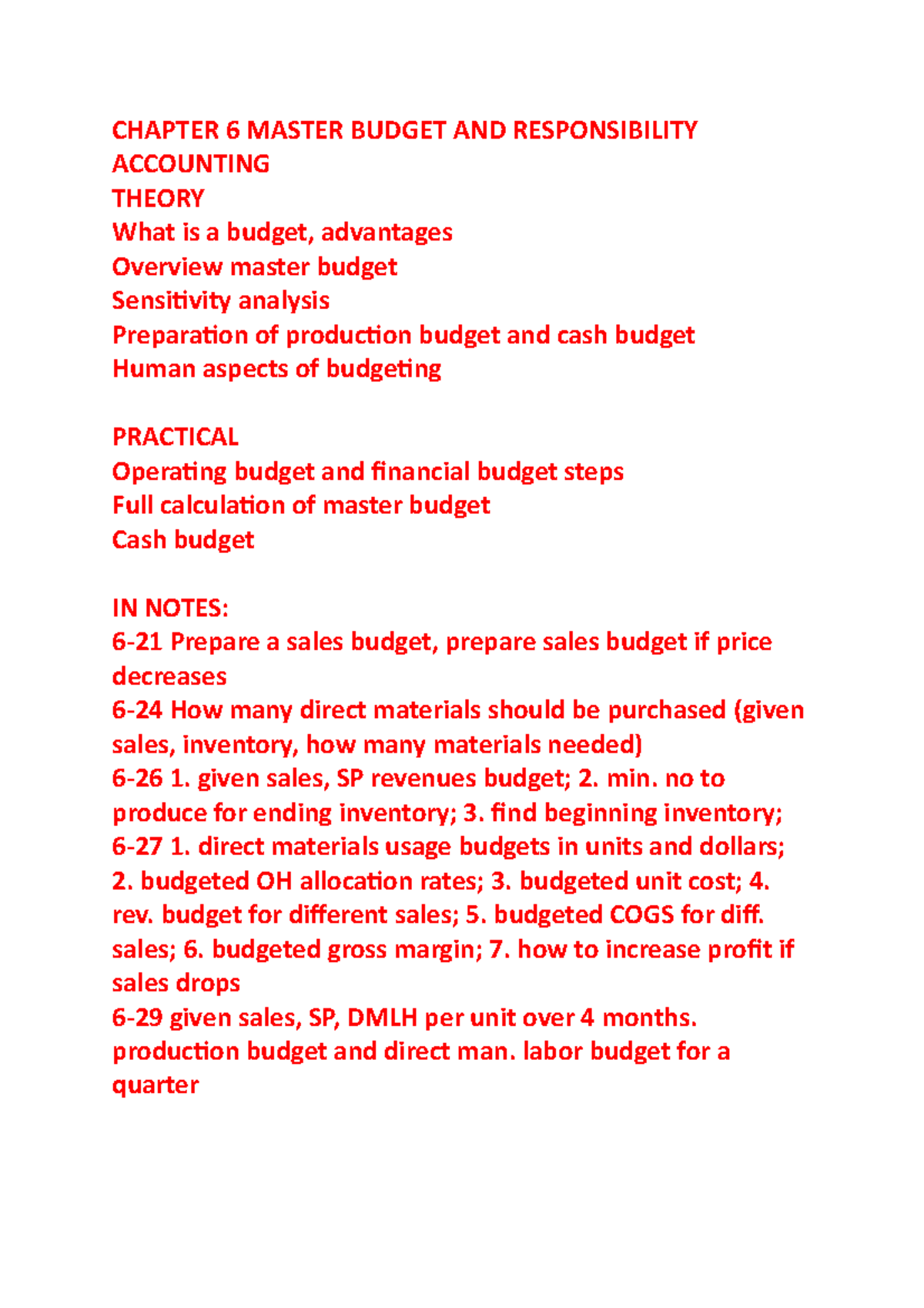 Week 6 Chapter 6 - Week 6 lecture notes - CHAPTER 6 MASTER BUDGET AND ...