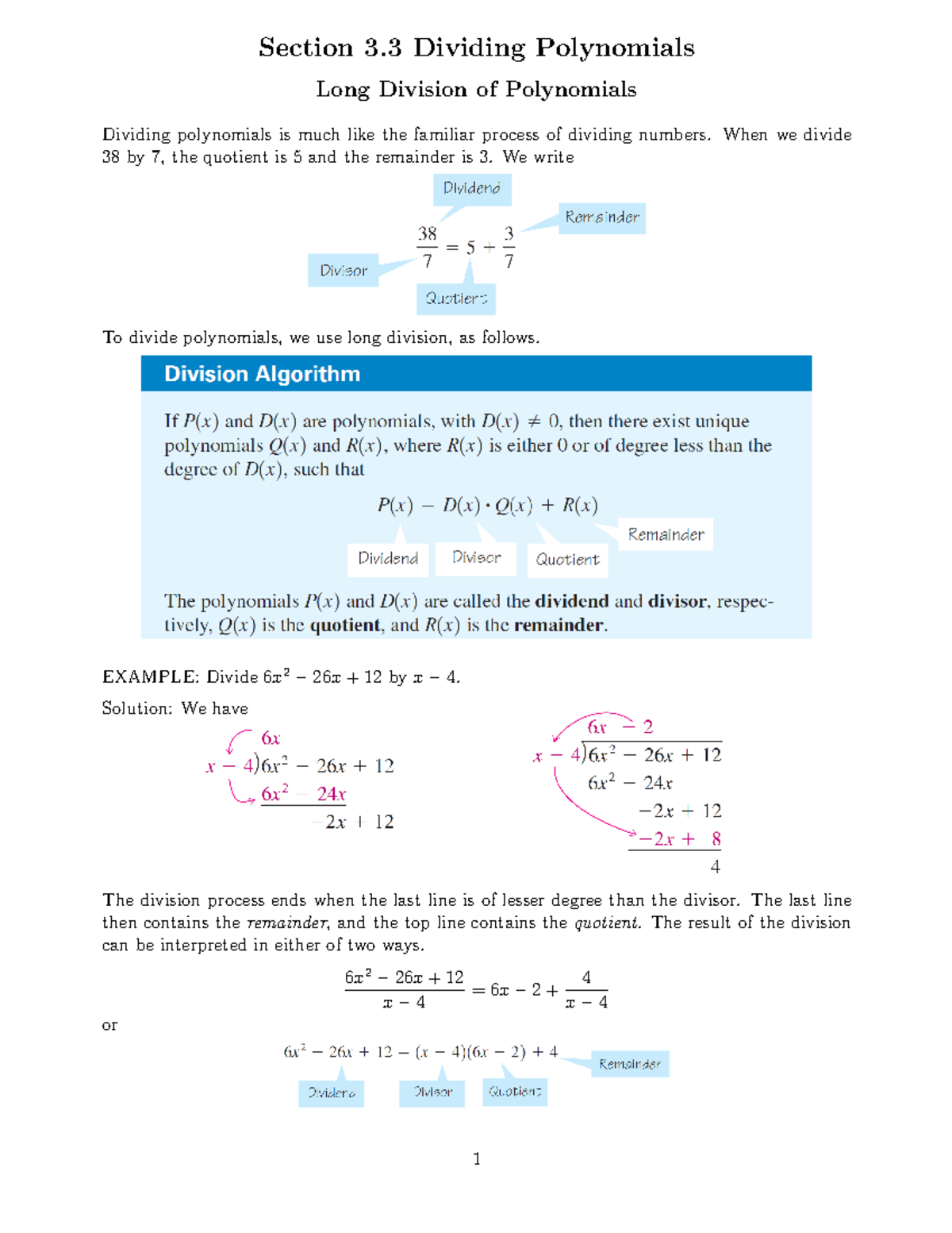 Dividing Polynomials - Section 3 Dividing Polynomials Long Division of ...