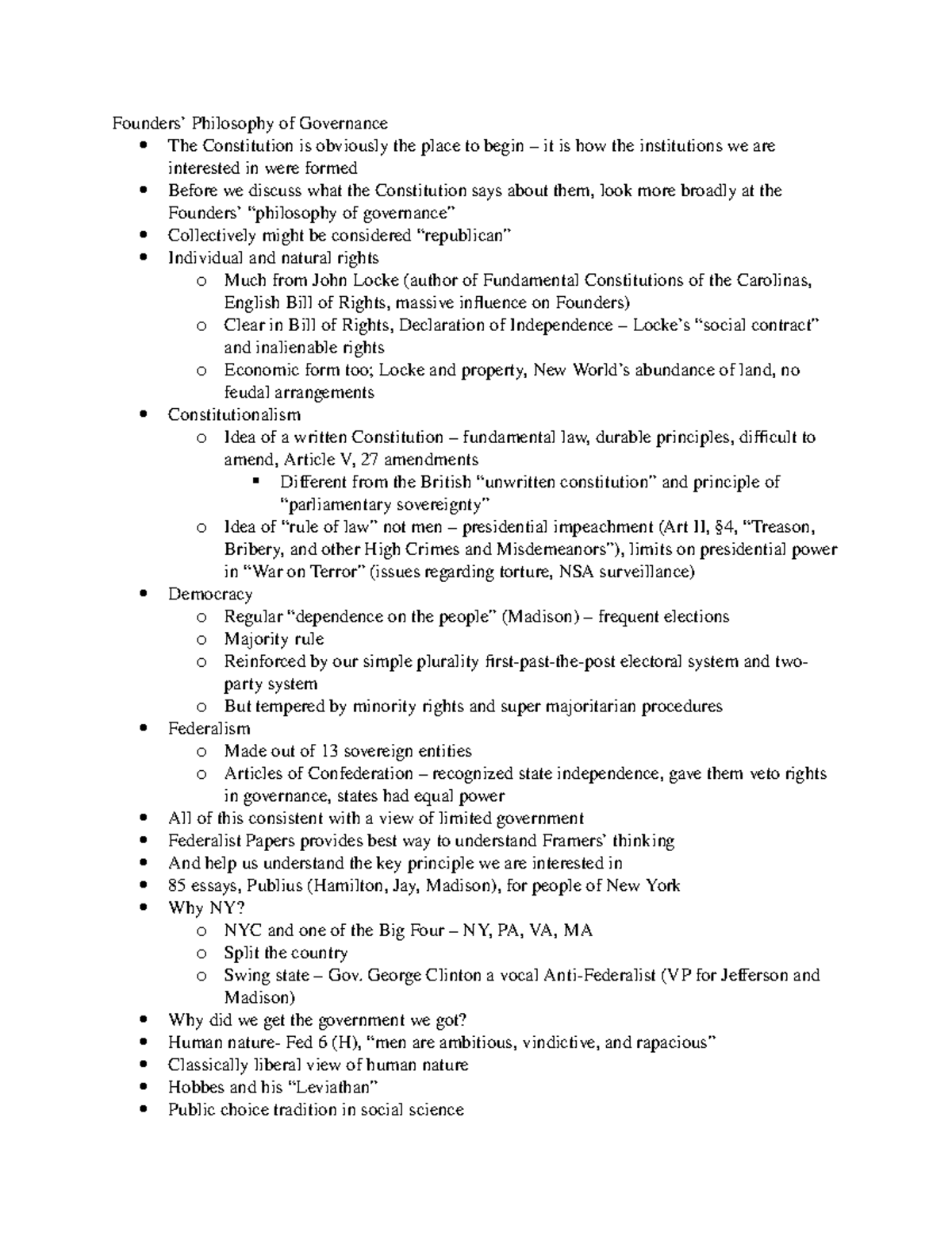 PS 301 Notes - Founders’ Philosophy of Governance The Constitution is ...