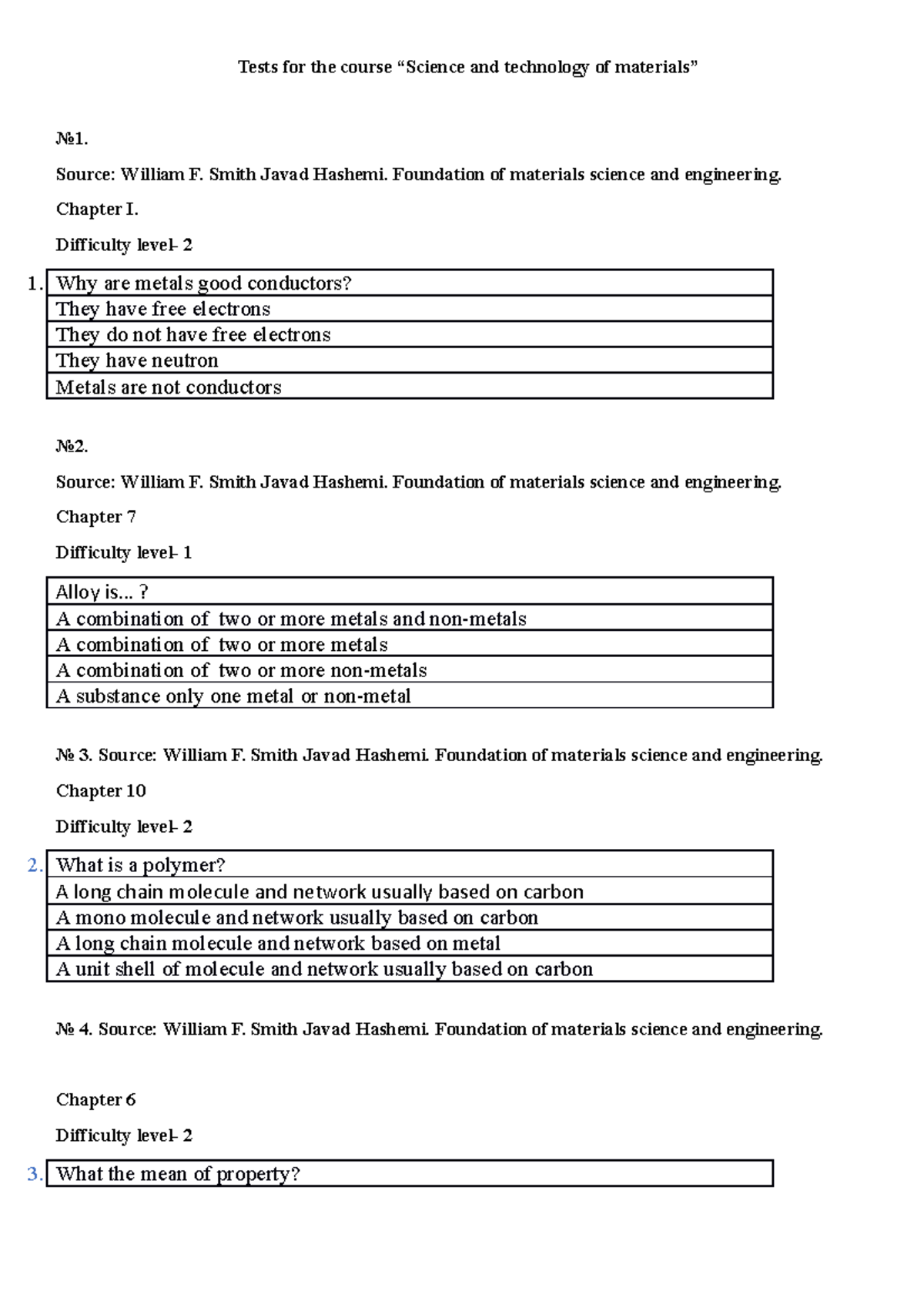 4. Science and technology of materials - Tests for the course “Science ...
