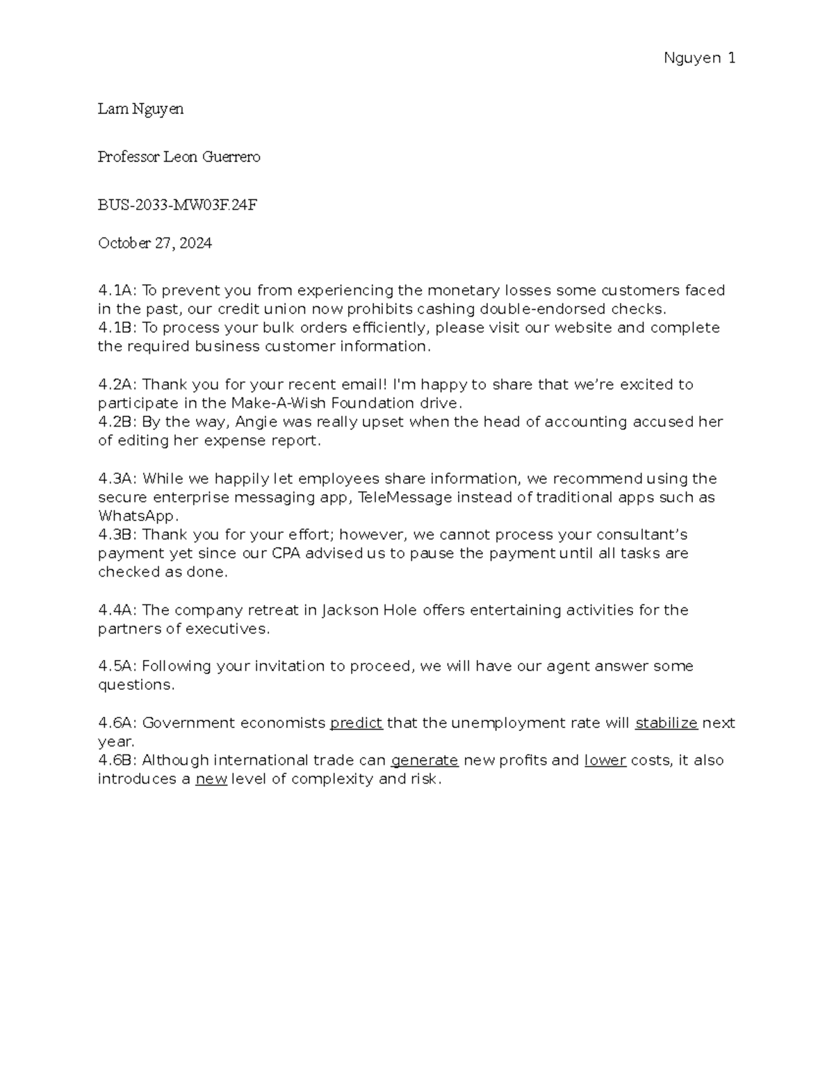 Assignment Chapter 4 - General Biology - Nguyen 1 Lam Nguyen Professor Leon Guerrero BUS-2033 ...