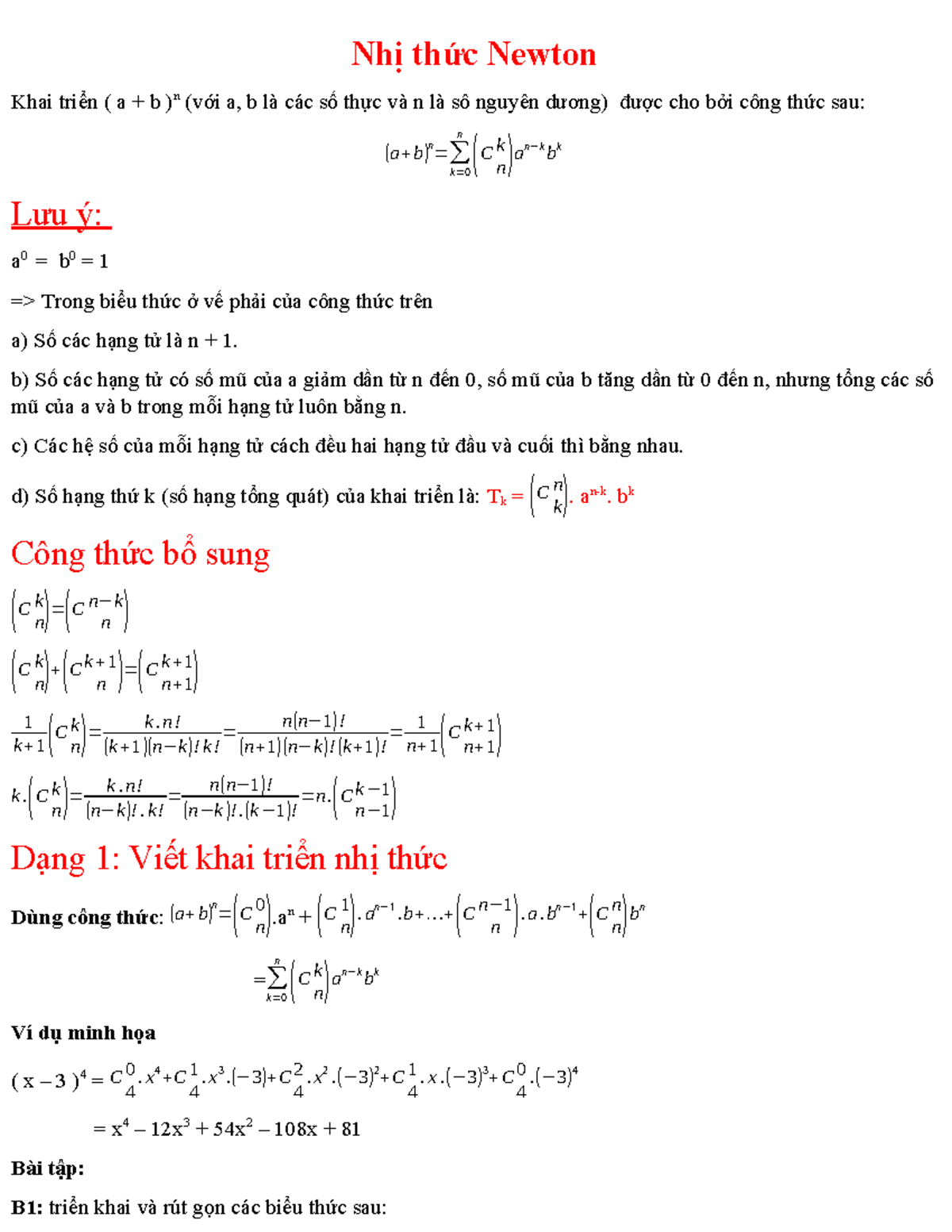Nhị thức Newton - Nhị thức Newton Khai triển ( a + b ) n (với a, b là ...