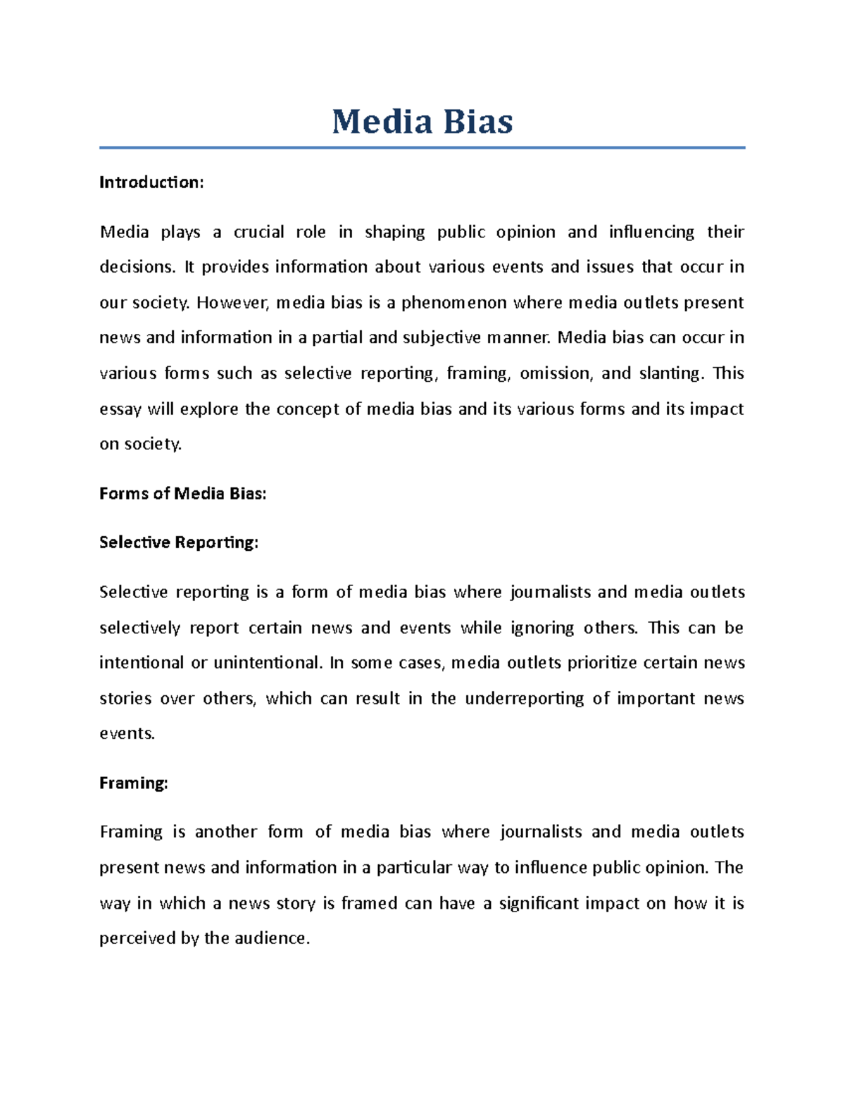 Media Bias - Media Bias Introduction: Media plays a crucial role in ...