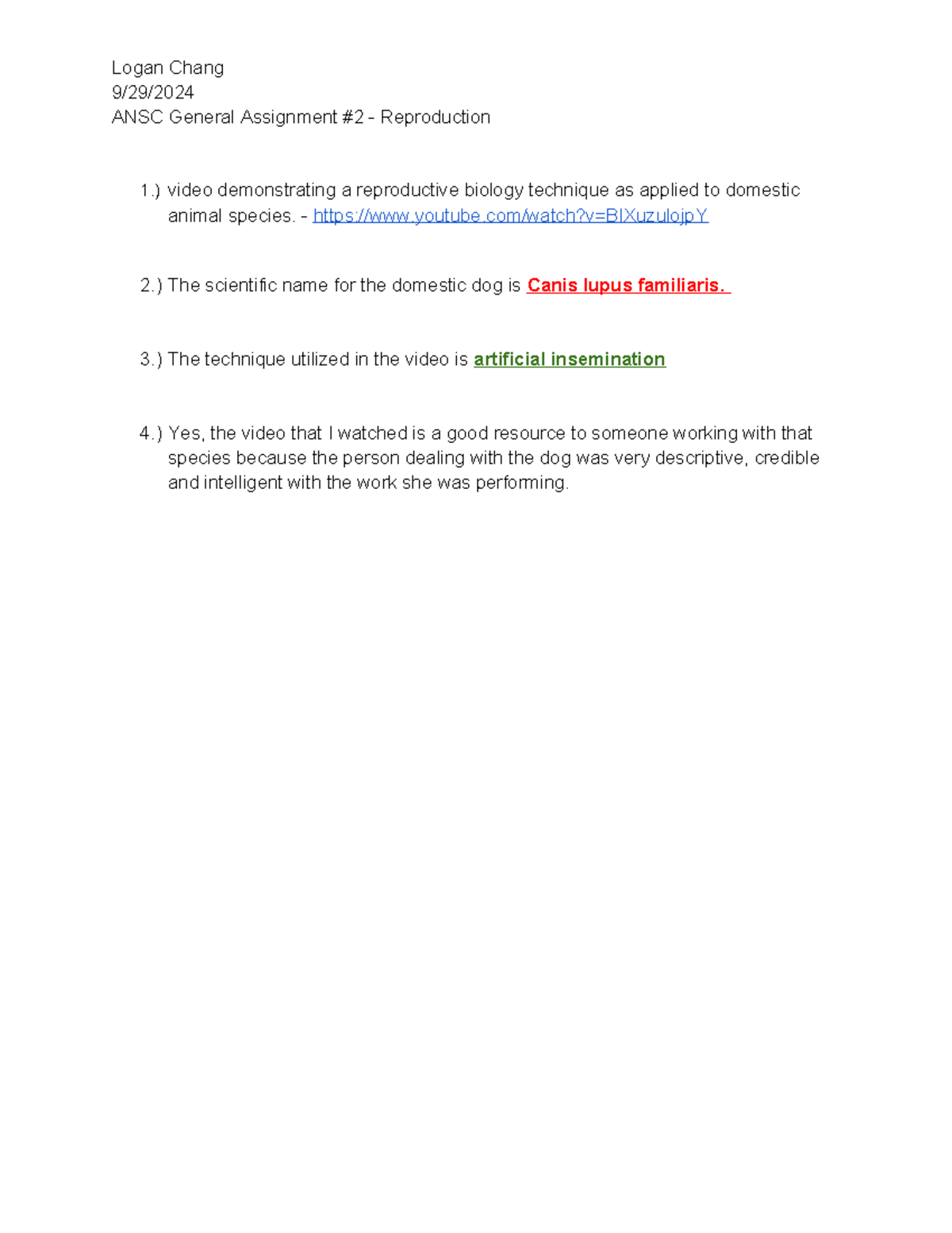 General Assignment #2 - Reproduction - Logan Chang 9/29/ ANSC General ...