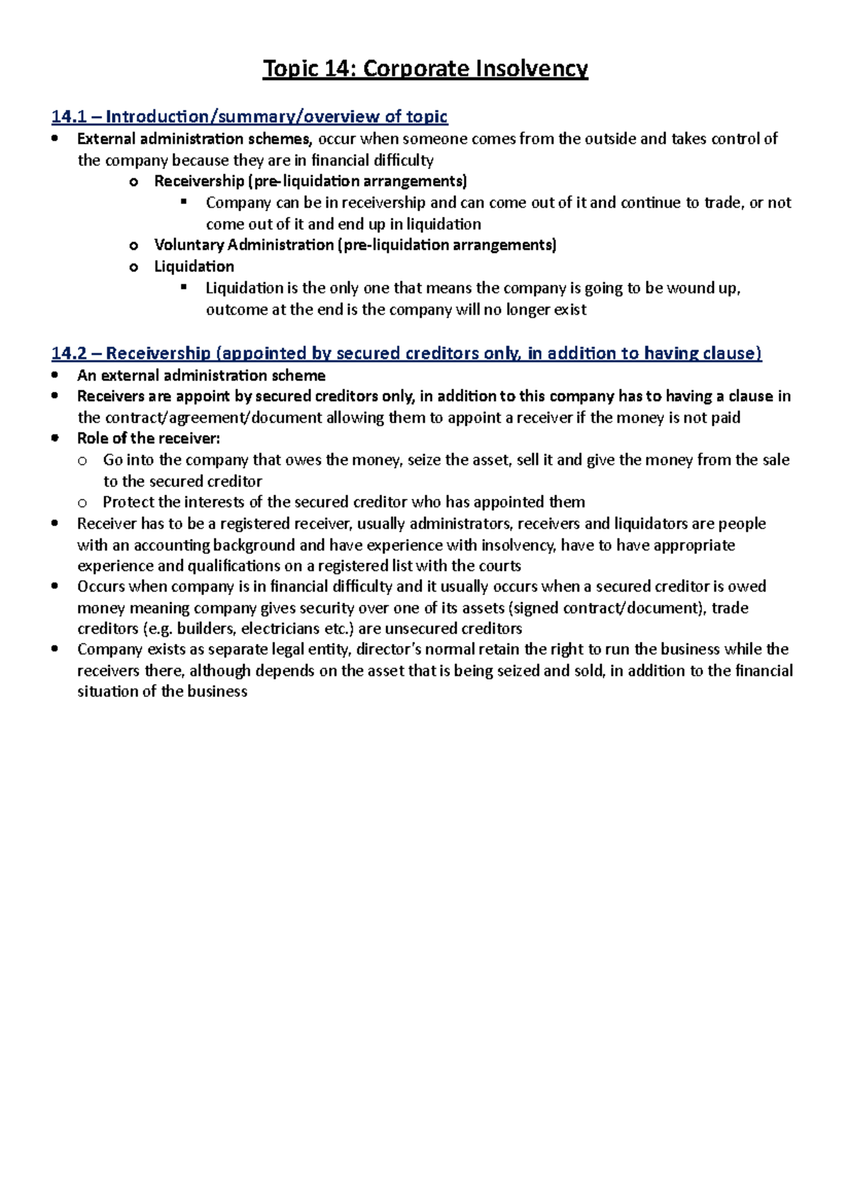 Topic 14 - Corporate Insolvency - builders, electricians etc.) are ...