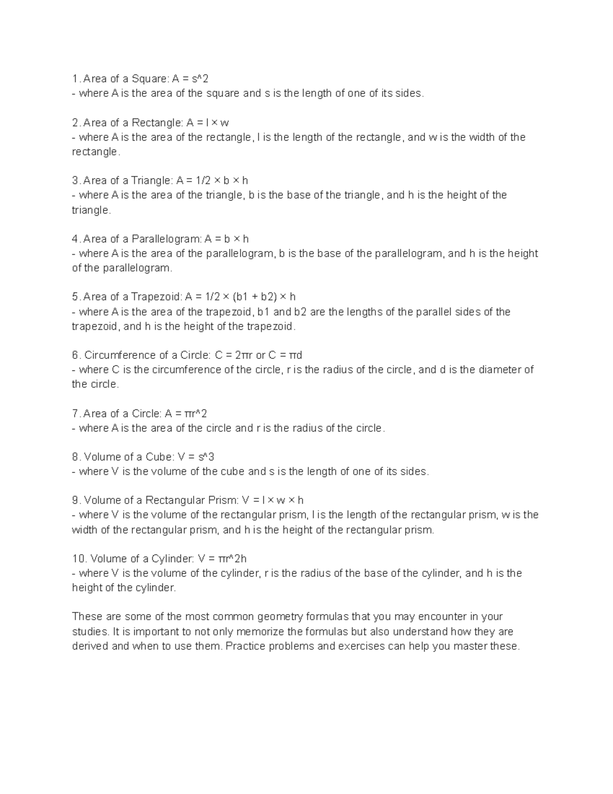 Geomtry Study Guide - Area of a Square: A = s^ where A is the area of ...
