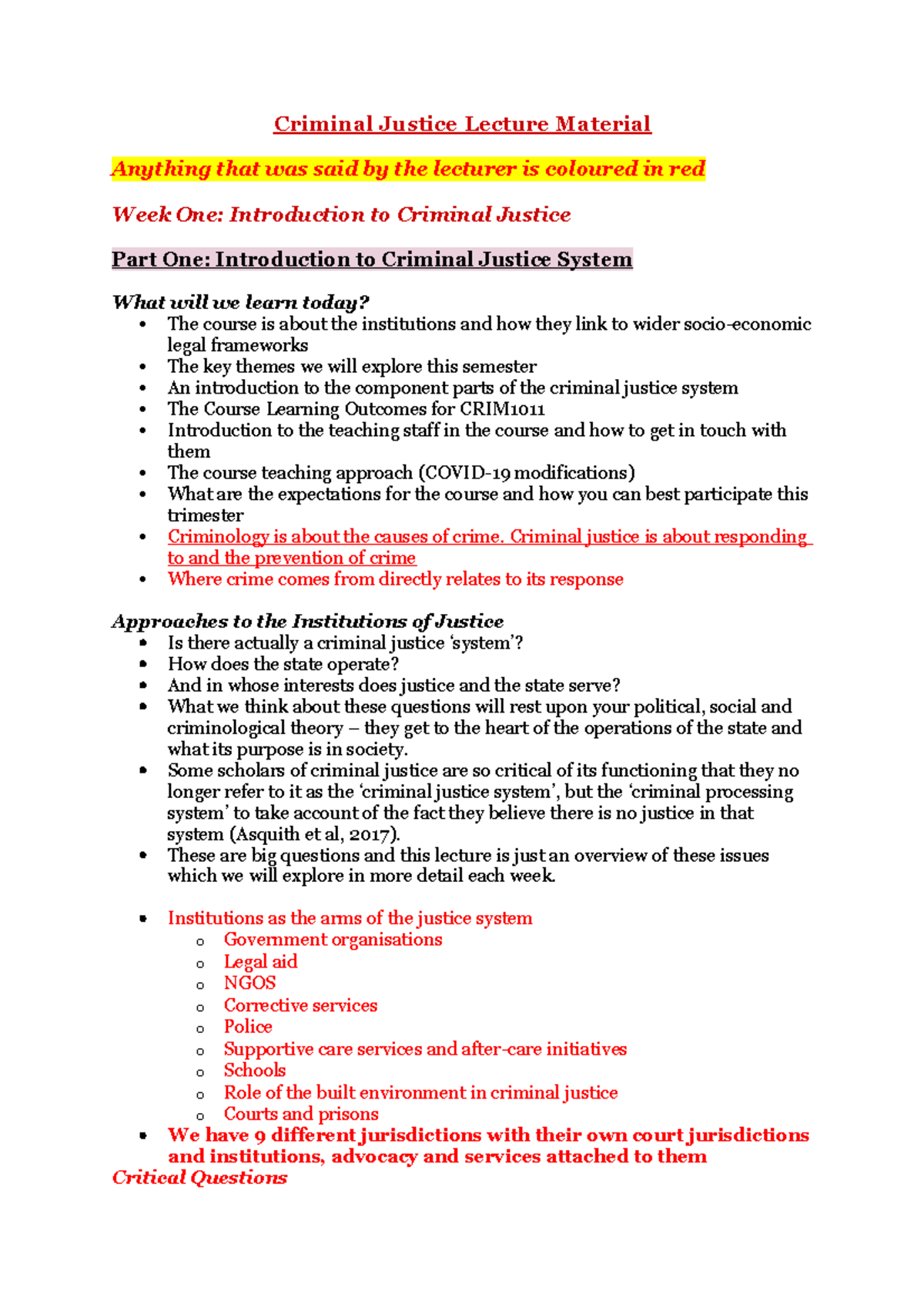CRIM1011 W1 Notes (HD) - Criminal Justice Lecture Material Anything ...