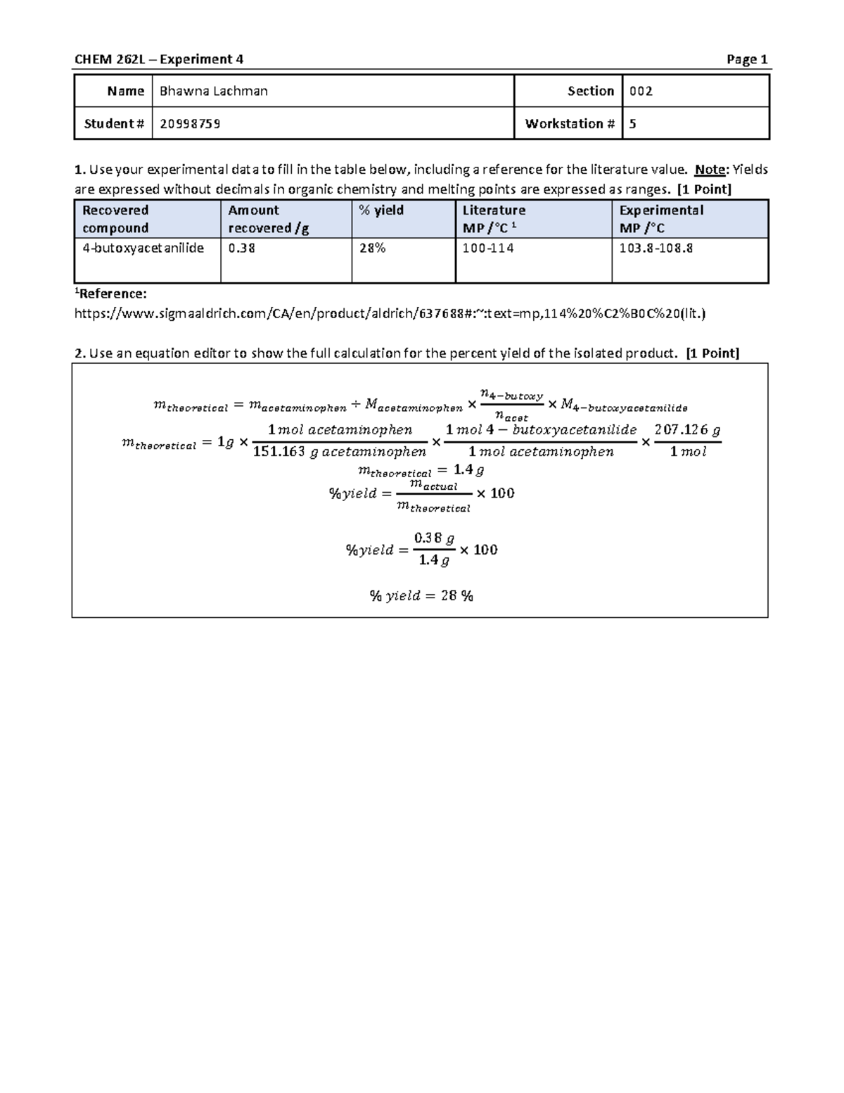 CHEM 262L Exp 4 Page 1 - Lab reports - CHEM 26 2 L – Experiment 4 Page 1 Name Bhawna Lachman ...